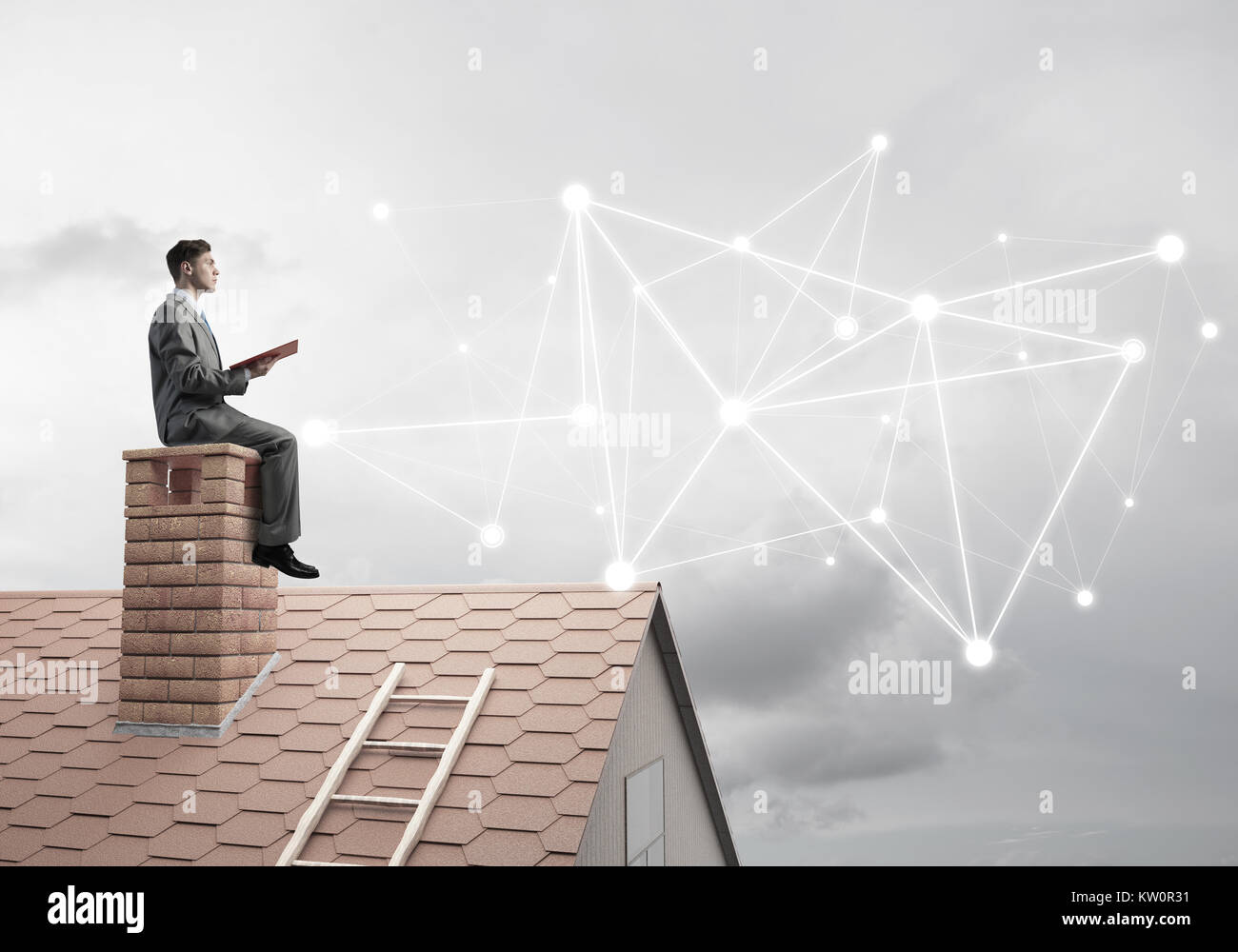 Man reading book and concept of social connection in sky Stock Photo ...