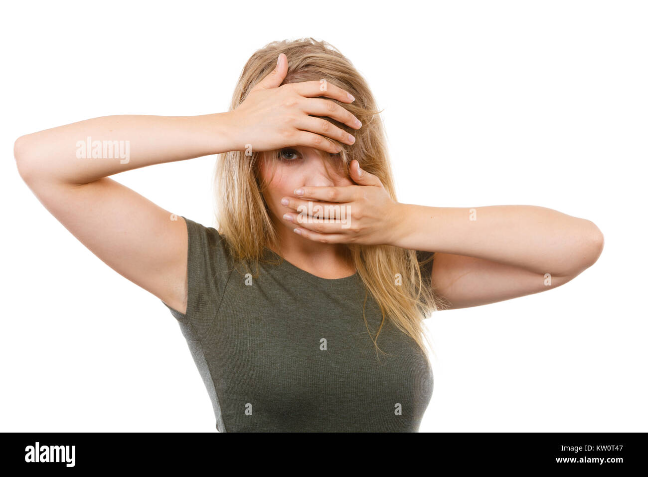 Emotions, embarrassment, awkwardness gestures concept. Ashamed blonde ...