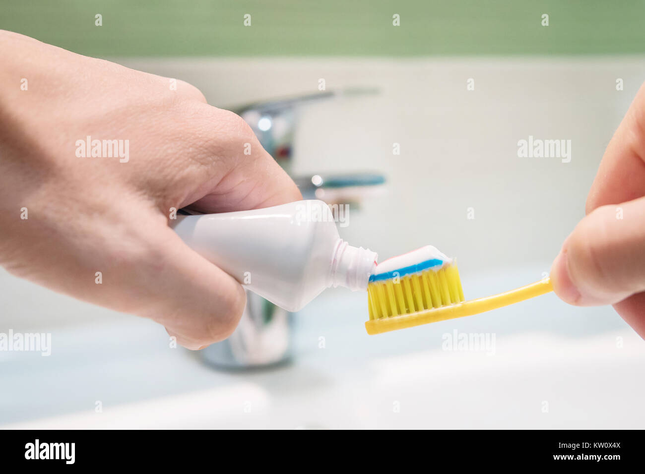 Toothbrushe and toothpaste in the bathroom close up. teeth cleaning ...