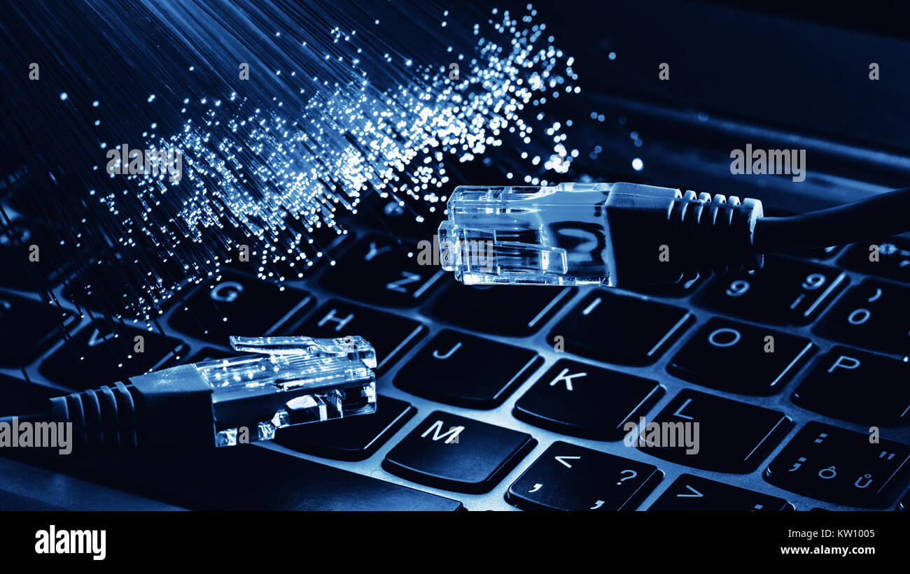 network cable closeup with fiber optical background, color fiber ...