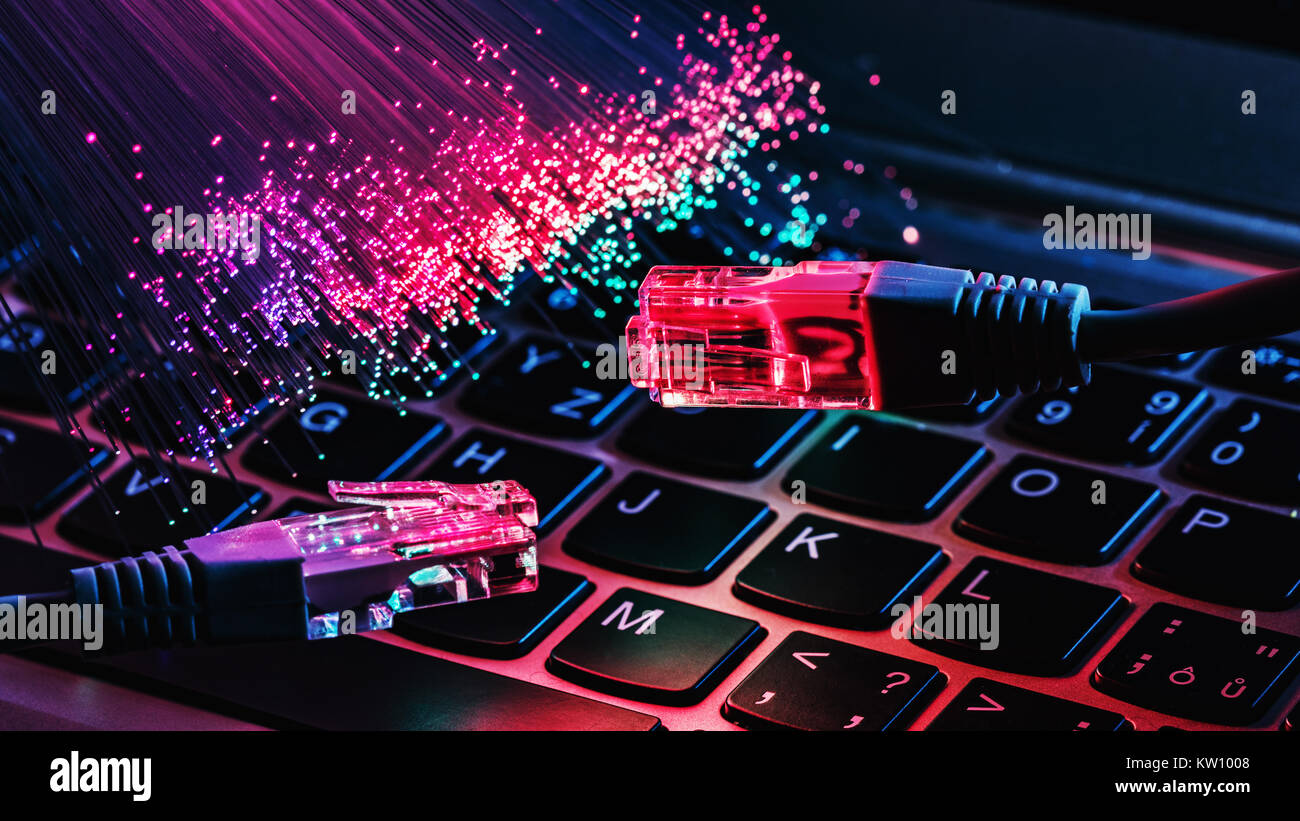 network cable closeup with fiber optical background, color fiber ...