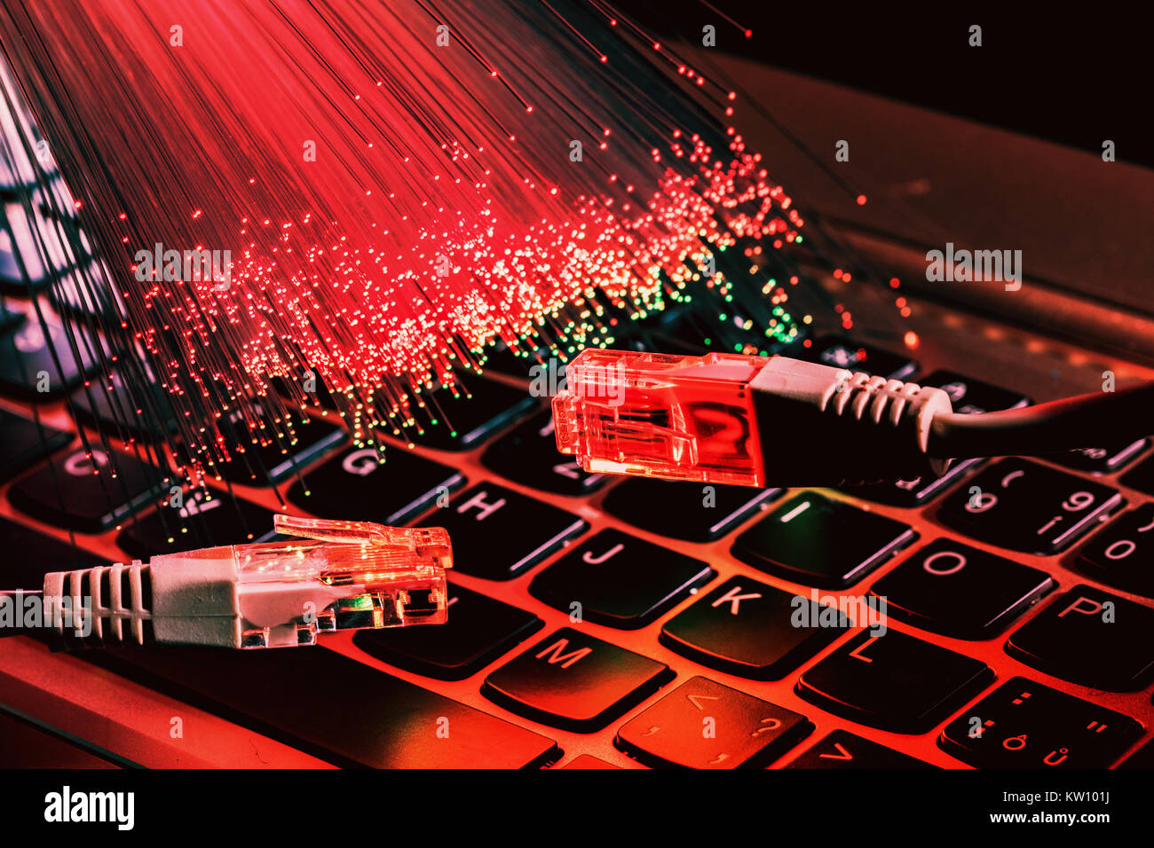 network cable closeup with fiber optical background, color fiber ...