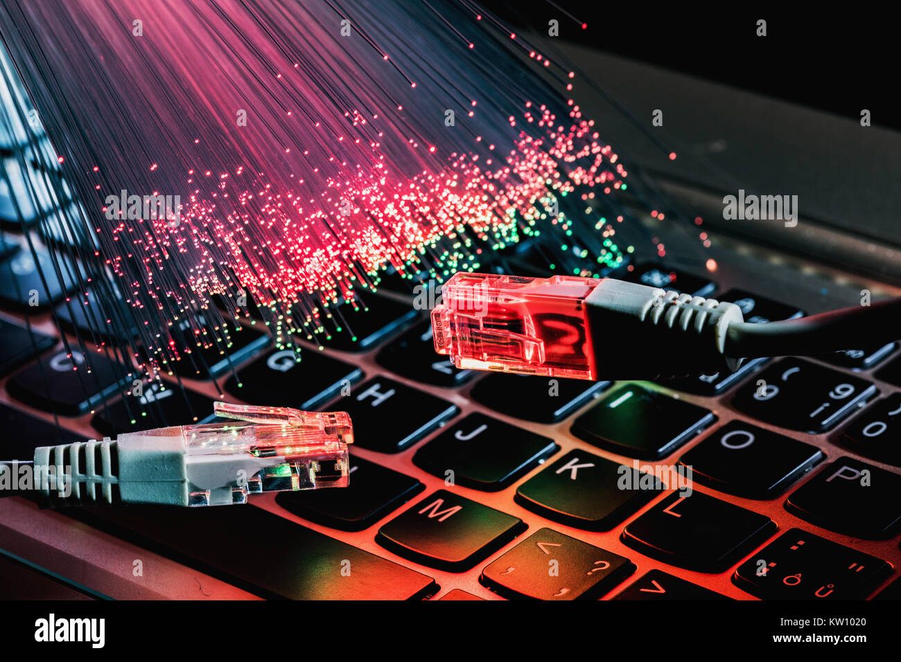 network cable closeup with fiber optical background, color fiber ...