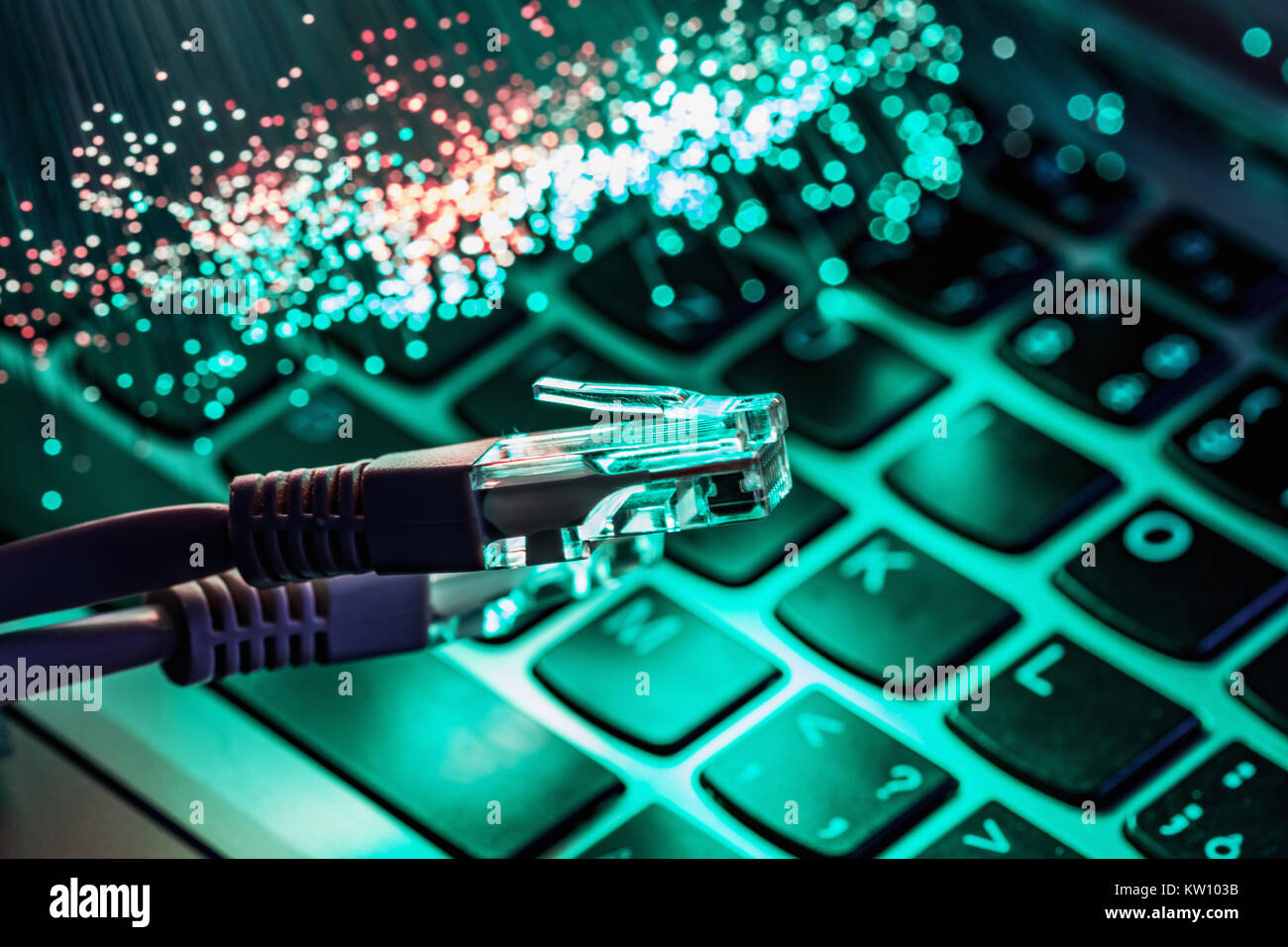 network cable closeup with fiber optical background, color fiber ...