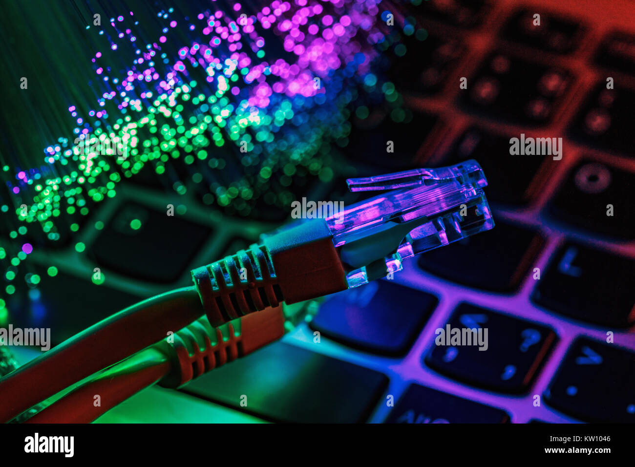 network cable closeup with fiber optical background, color fiber ...