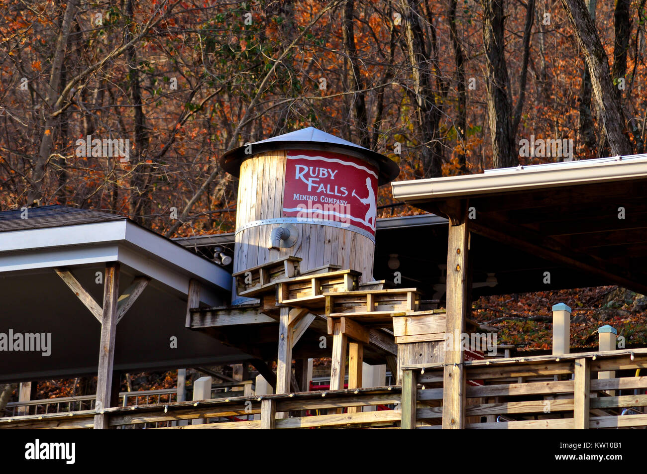Wooden tower with sign of Ruby Falls Mining company, Ruby Falls ...