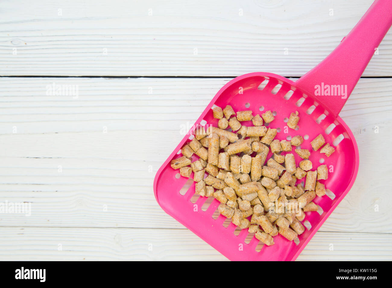 Pet care concept. A pink pet toilet scoop with toilet filler for ...