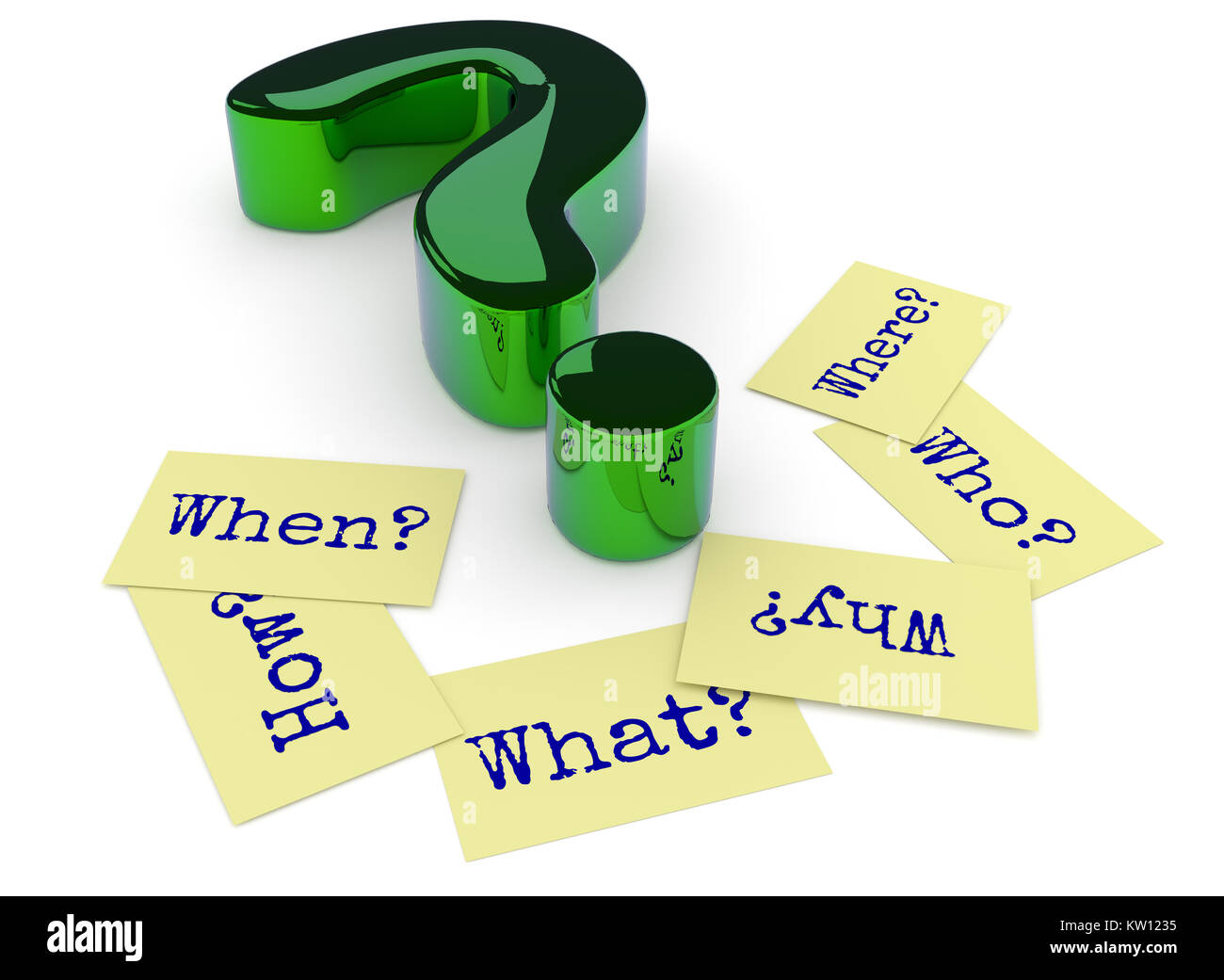 Glossy green question mark, six sticky notes on the ground with the ...