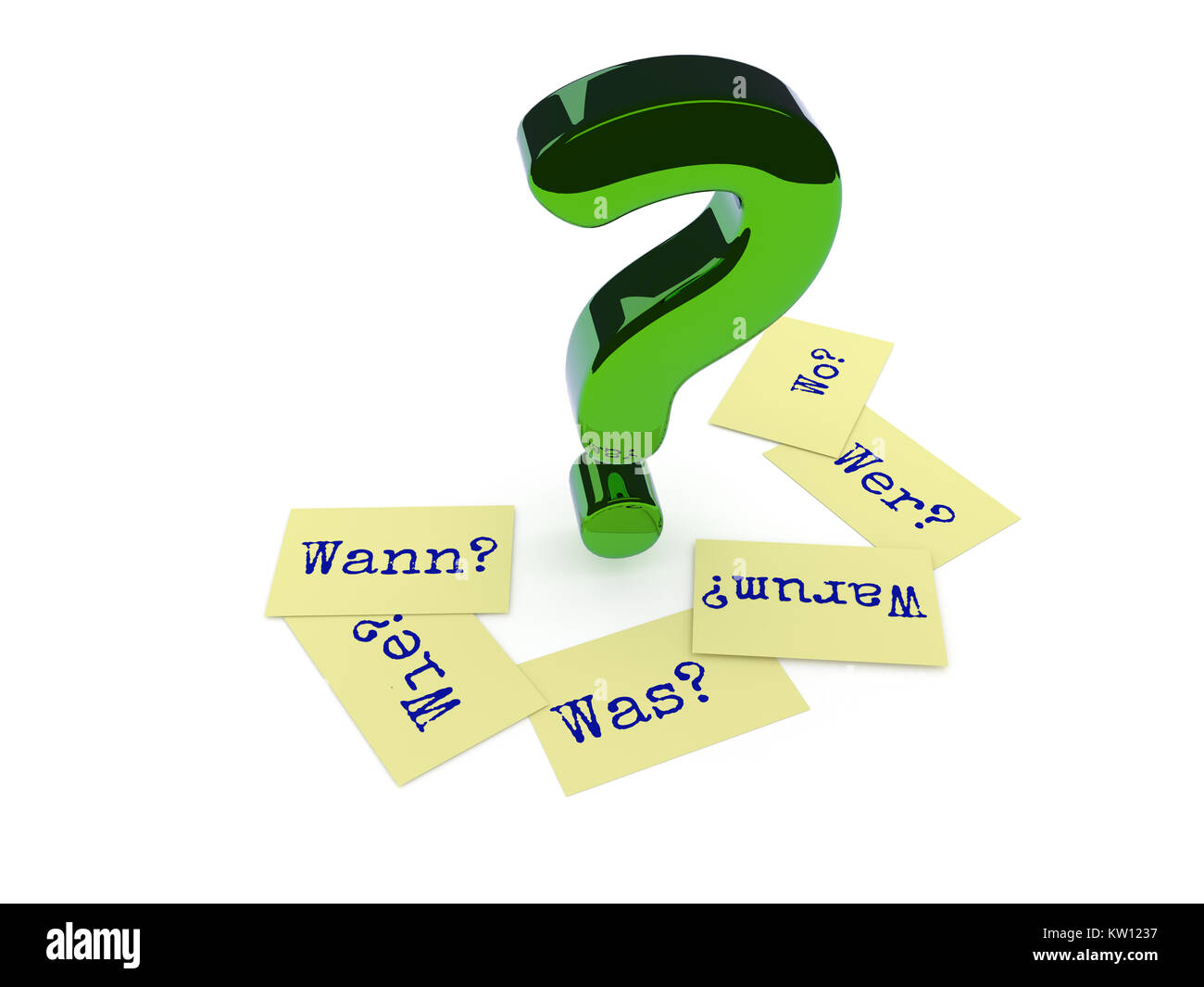 Glossy green question mark, six sticky notes on the ground with the ...