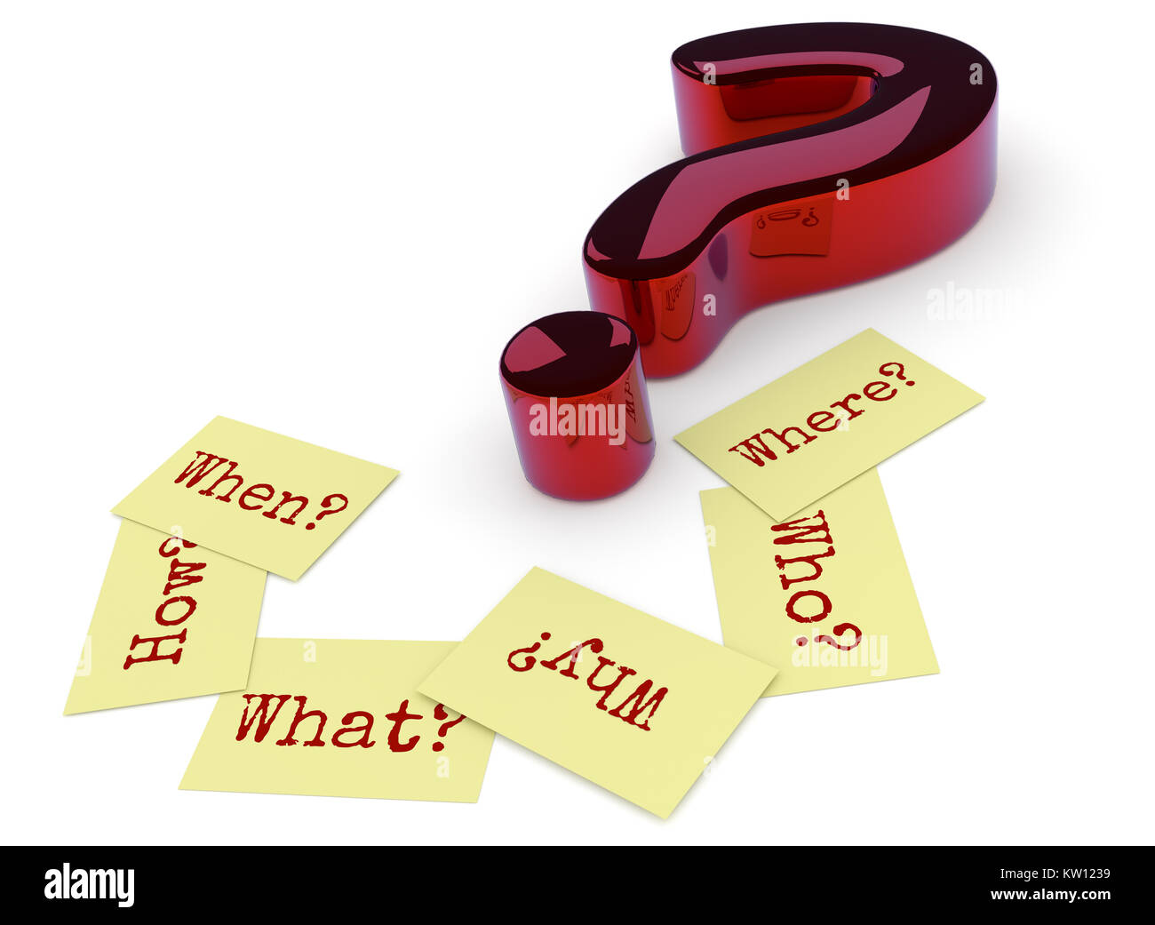 Glossy red question mark, six sticky notes on the ground with the words ...