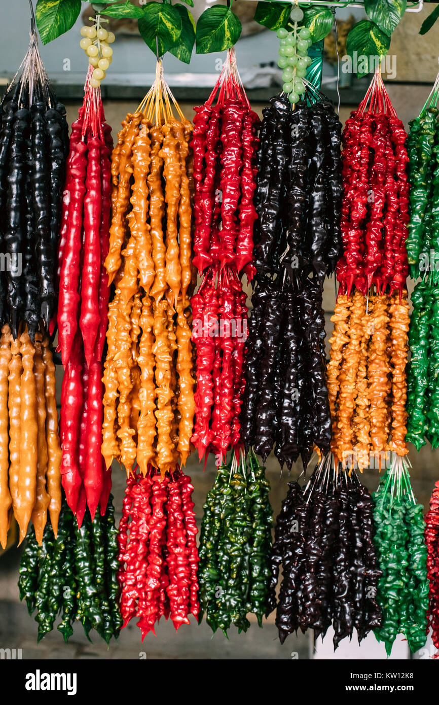 Colorful Churchkhela Hanging In Shop. Churchkhela Is A Traditional ...