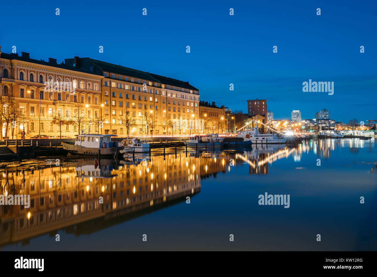 Helsinki, Finland. View Of Pier With Boats And Pohjoisranta Street In ...