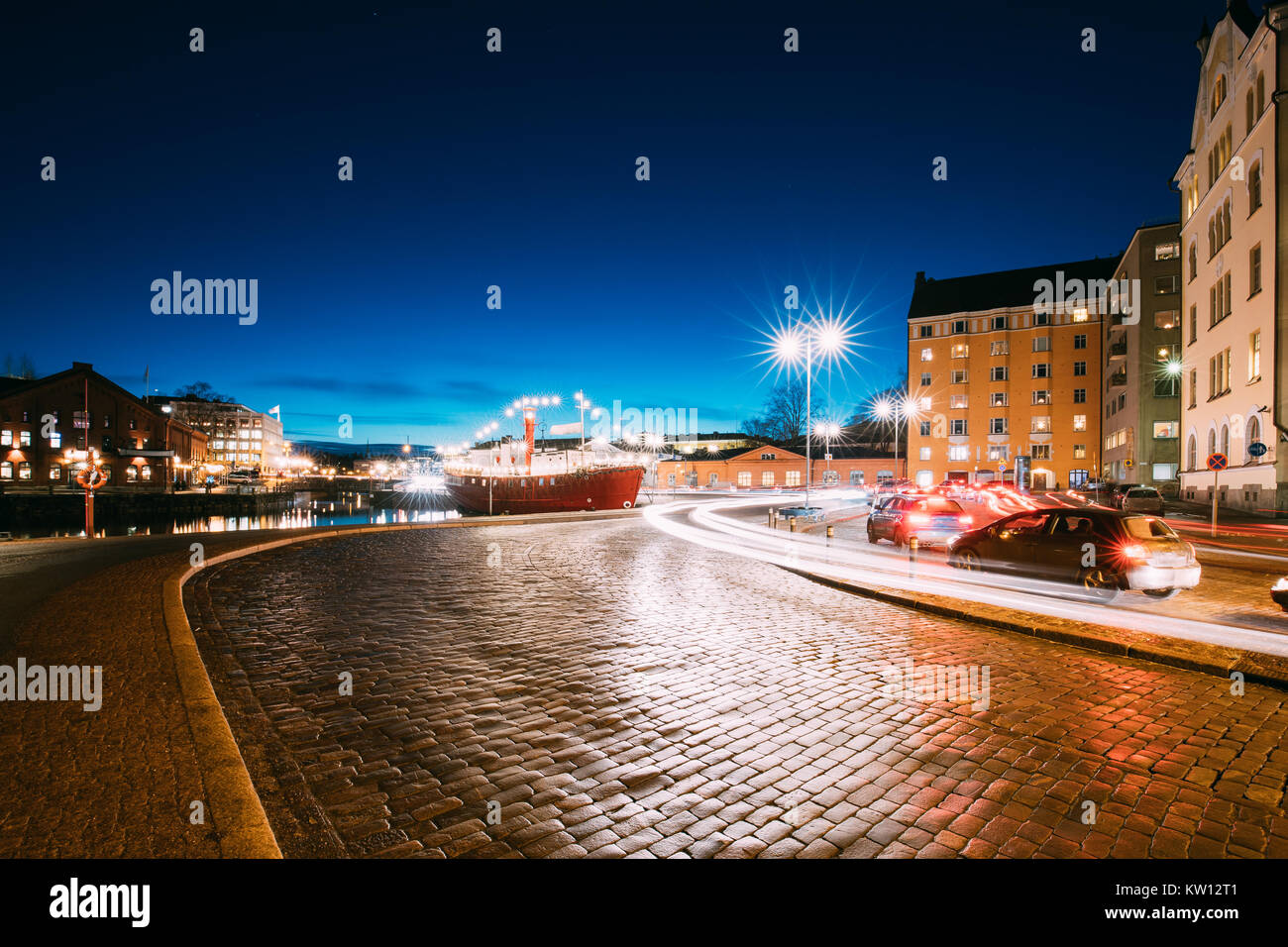 Helsinki, Finland. Night Traffic In Pohjoisranta Street In Evening Or ...