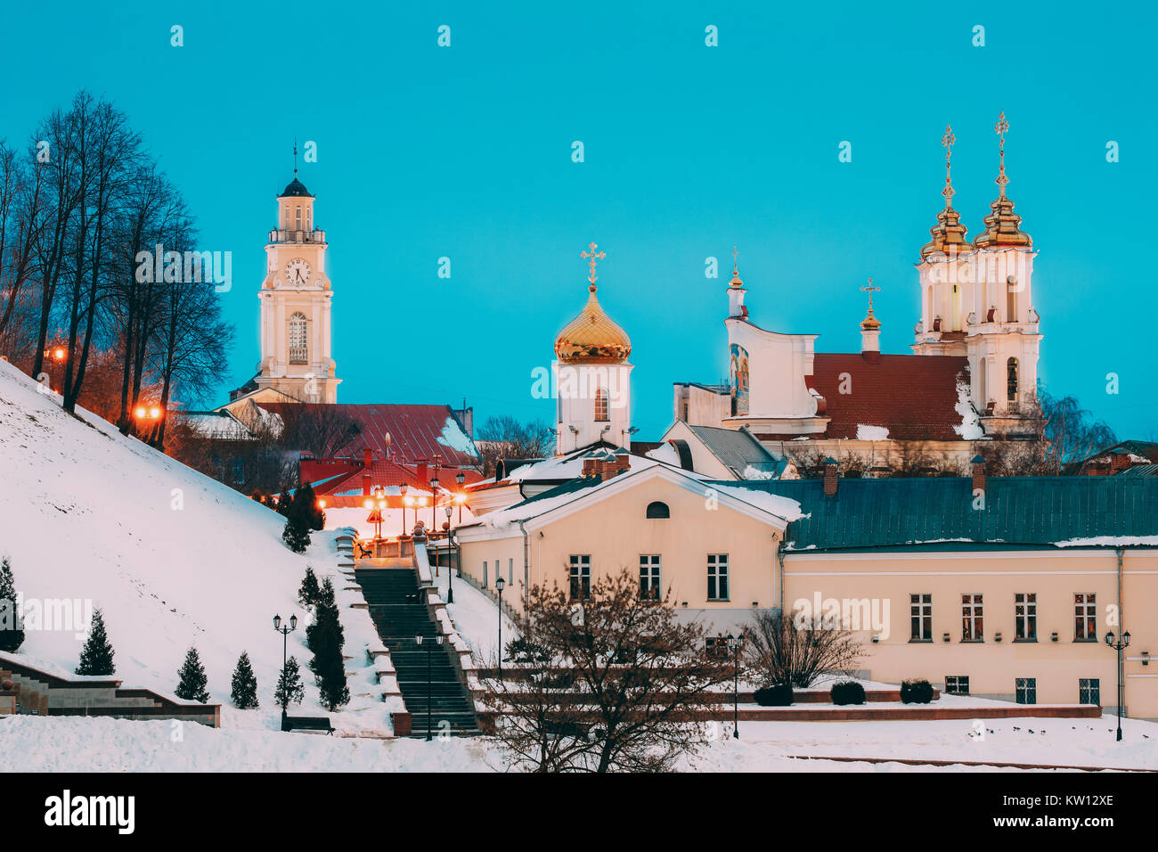 Vitebsk, Belarus. Winter Evening View Of Famous Landmarks Is Old Town ...