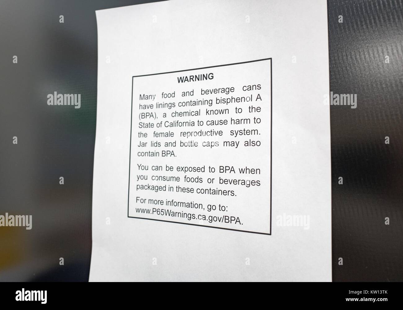 A warning regarding the presence of bisphenol A (BPA) in beverage cans ...