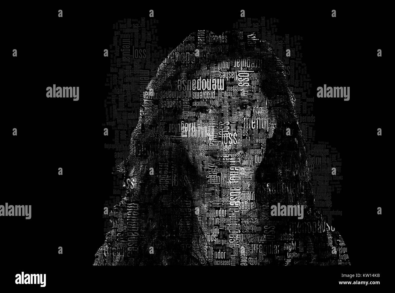 text portrait of menopausal woman with symptoms of menopause looking at ...