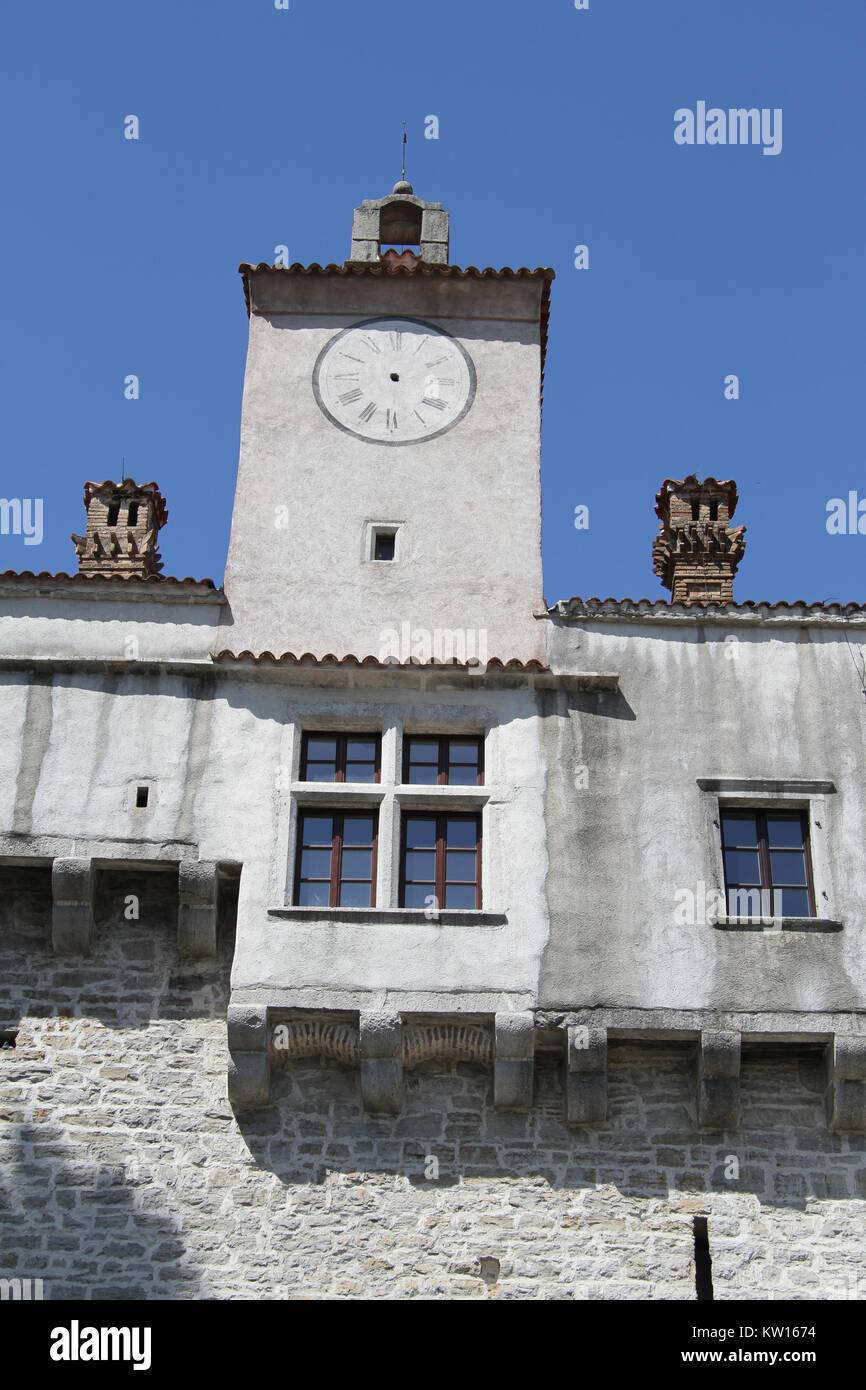 Clock tower and balcony of Pazin castle in Istria, Croatia Stock Photo ...