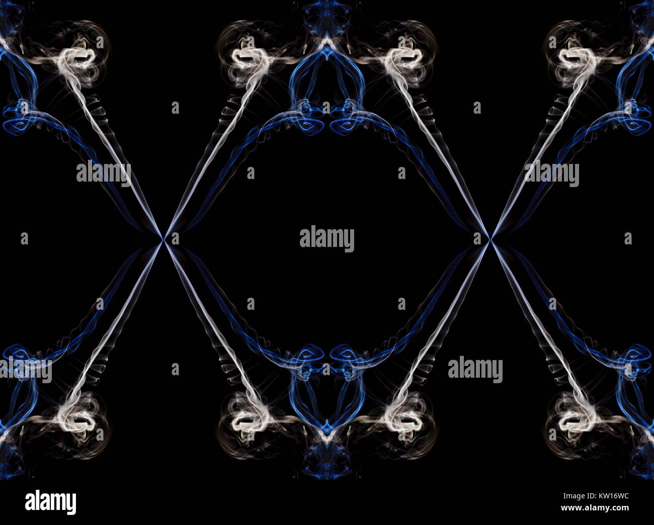 Ecru and blue abstract twisted smoke isolated on black background ...