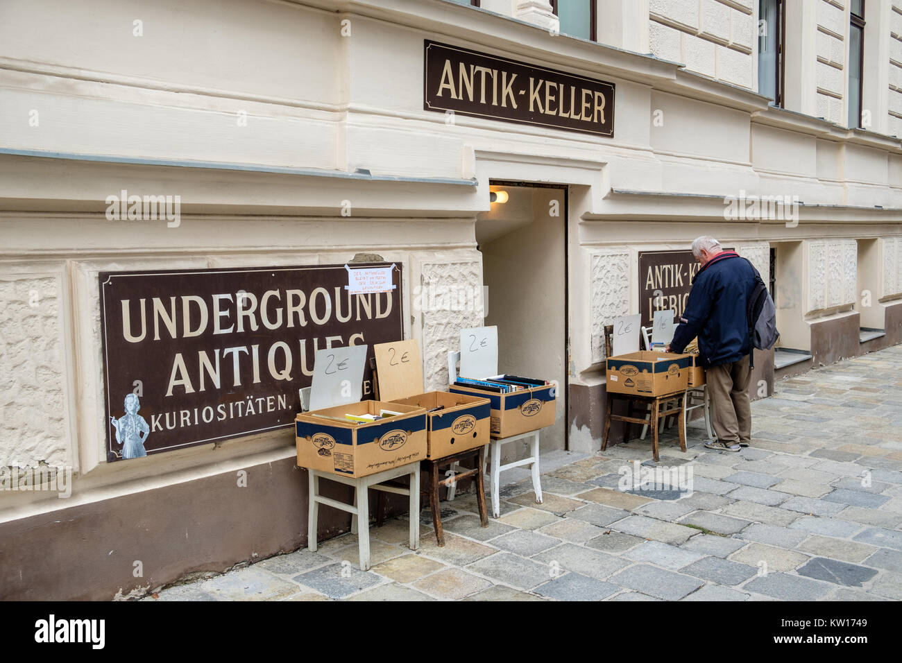 Antik Keller Underground Antiques shop with books outside in Vienna ...