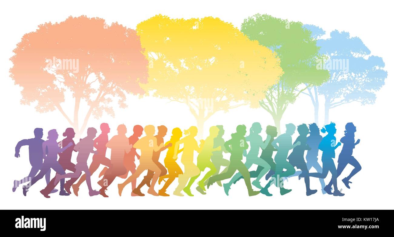 Crowd of young people running. Colorful trees in the background Stock ...