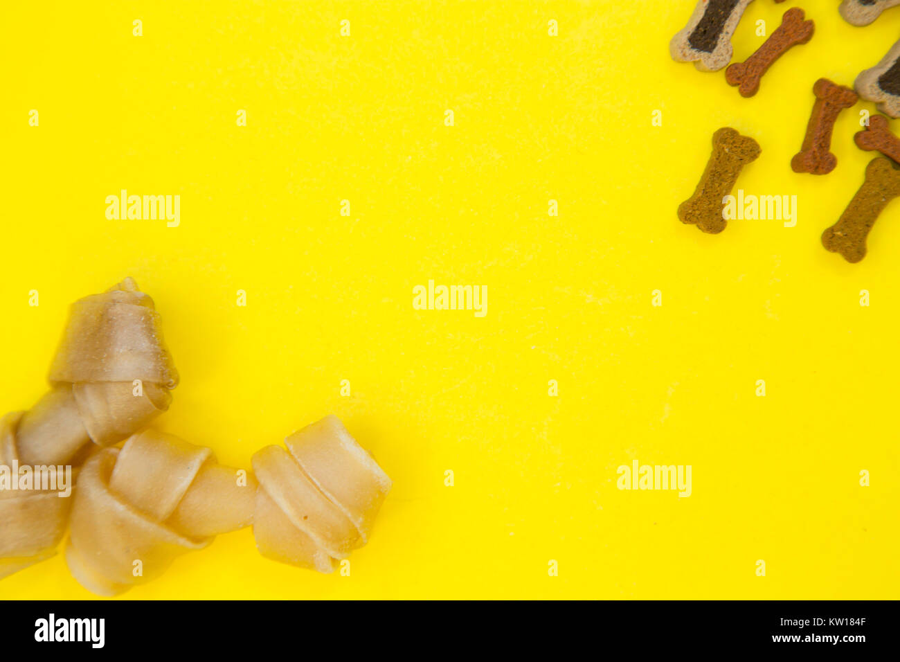 Pet food and pet care concept. A one-color yellow background with ...
