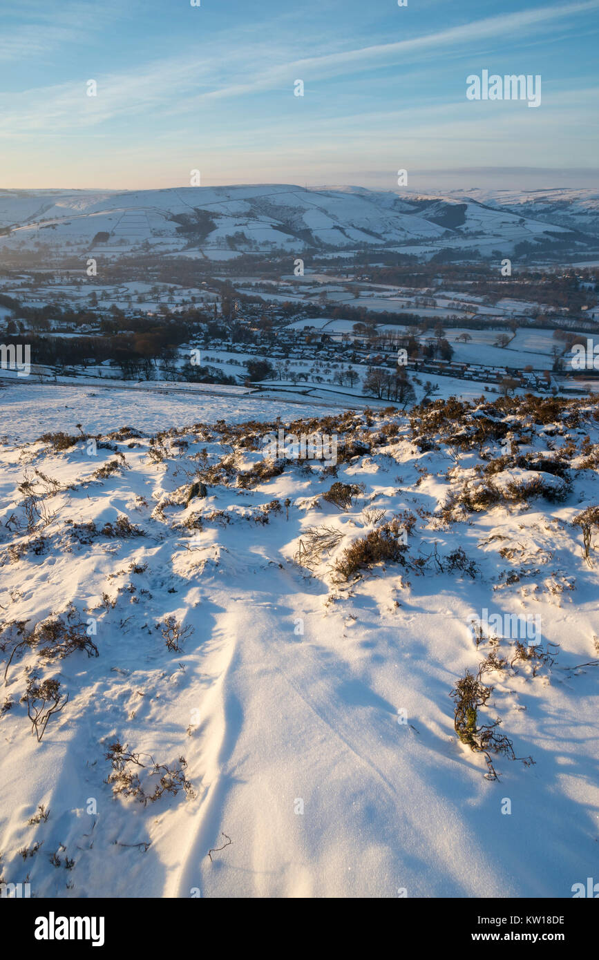 Snowy winter morning at Bamford Edge in the Peak District national park ...