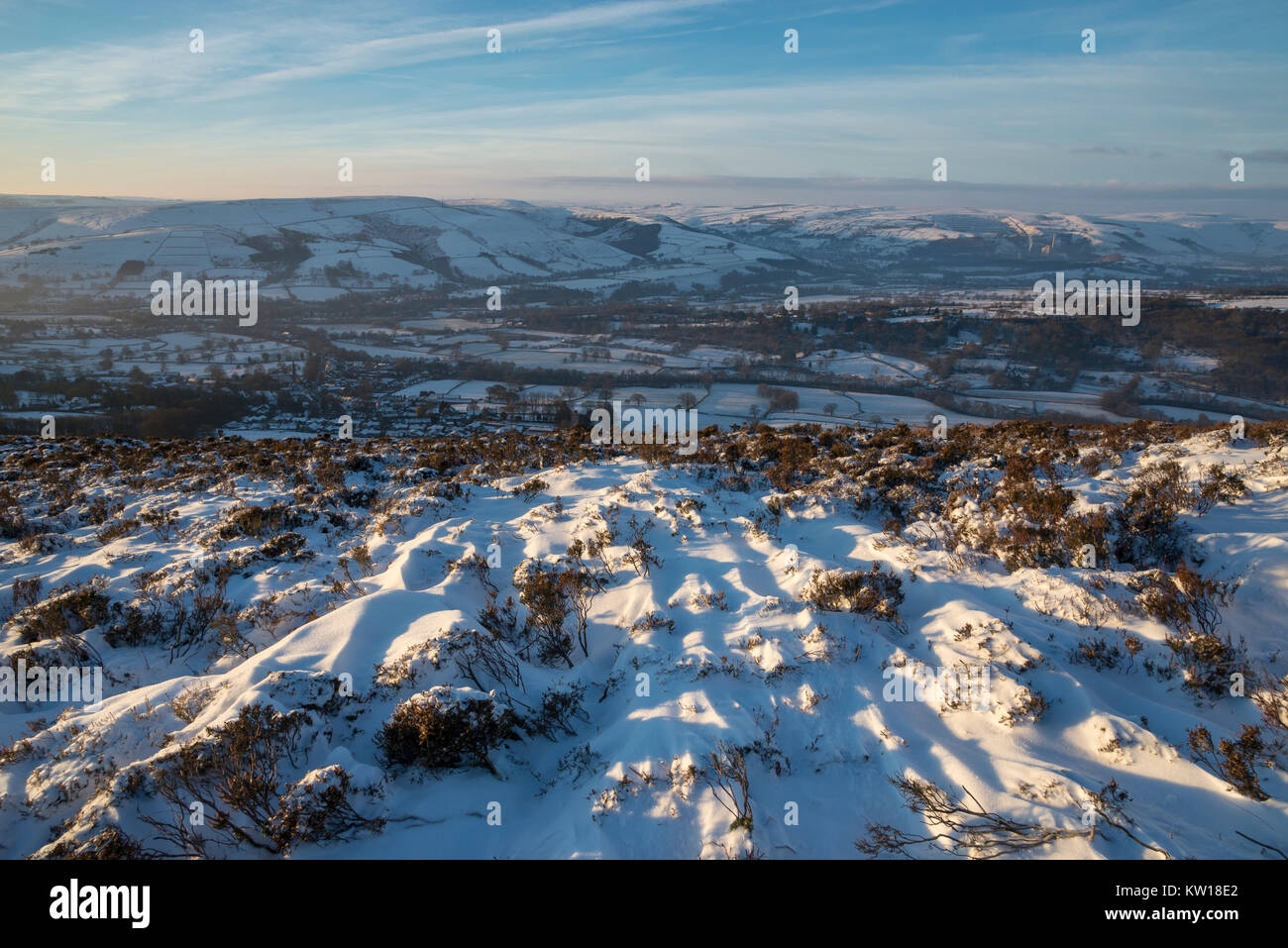 Snowy winter morning at Bamford Edge in the Peak District national park ...