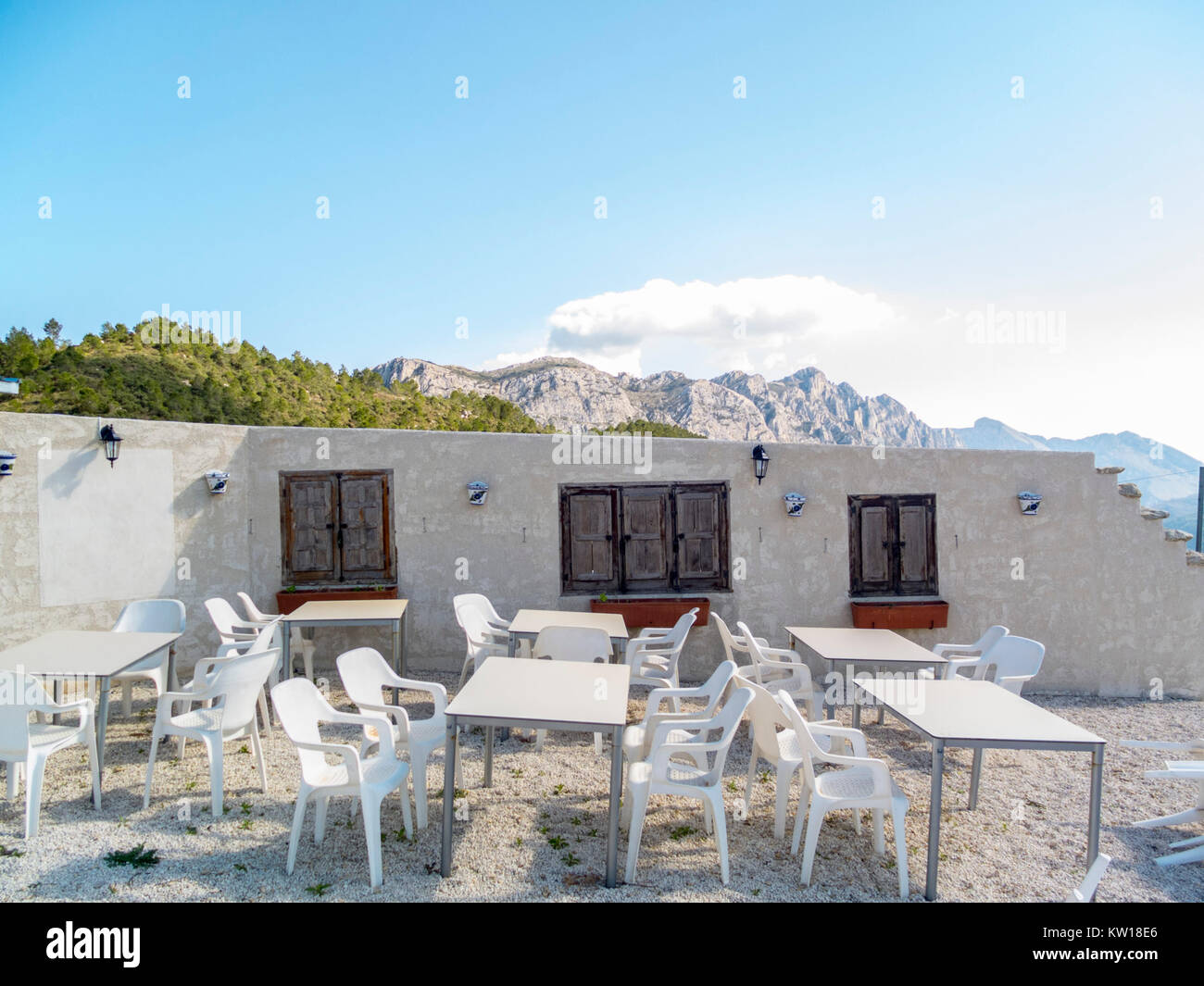 tables in restaurant on top of Col de rates, mountain Alicante, Spain ...