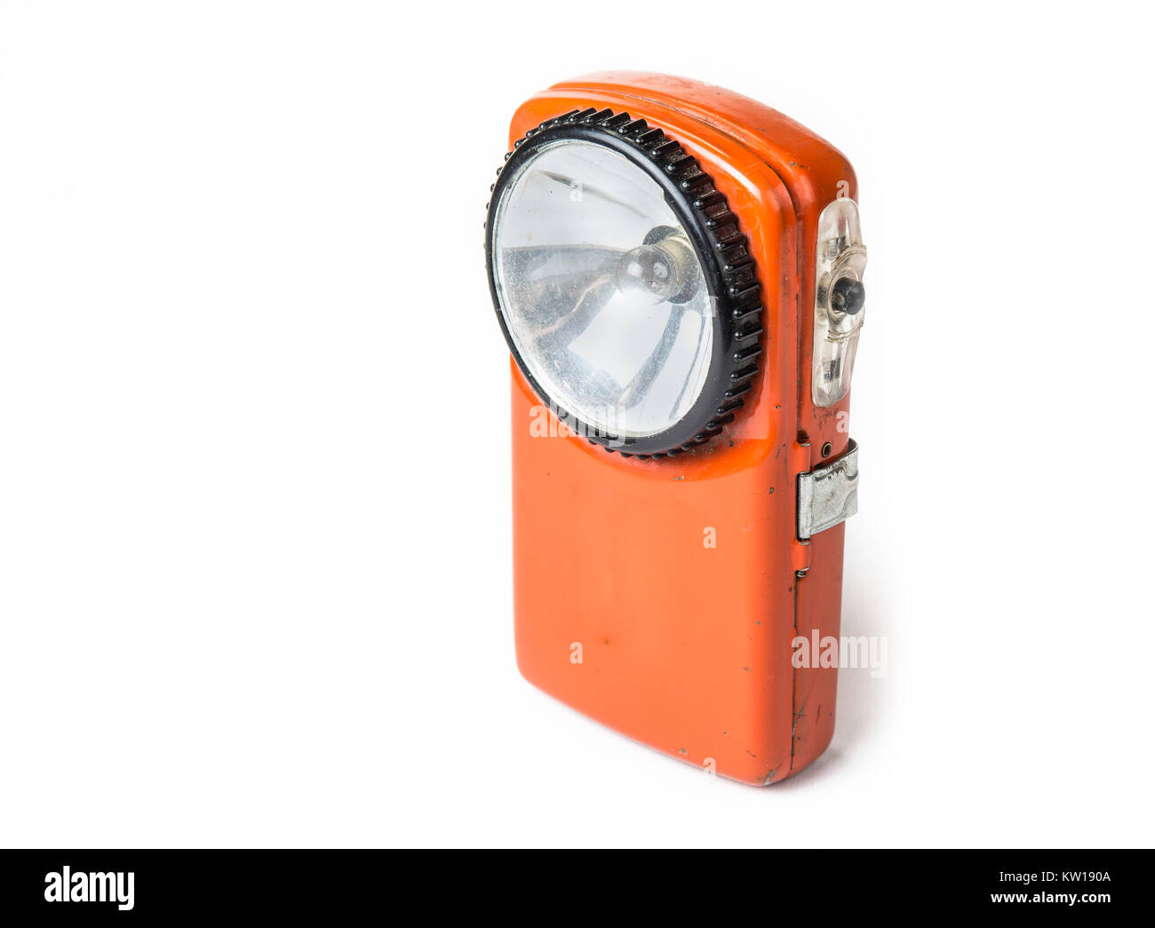 Old battery flashlight on the white background Stock Photo - Alamy