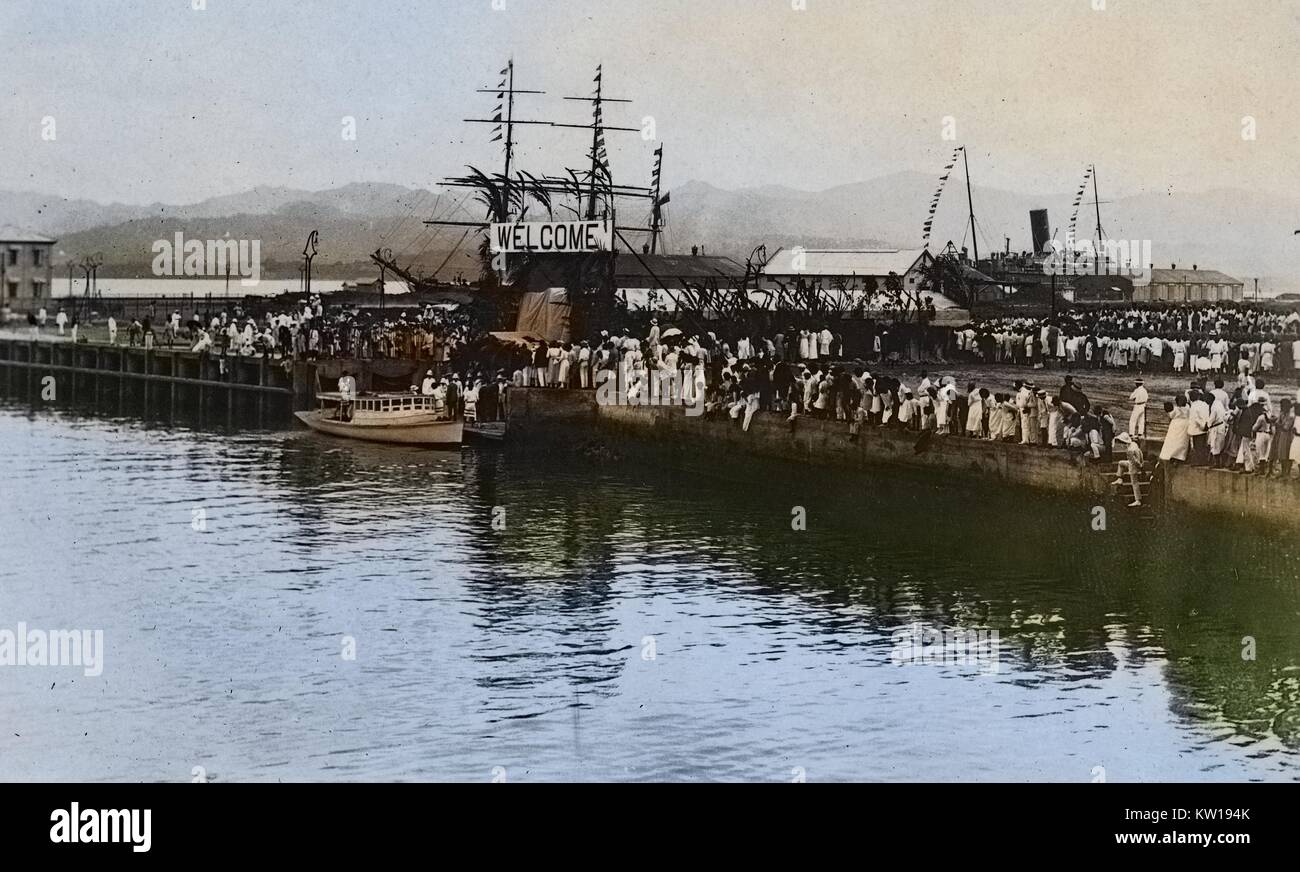 Admiral John Jellicoe landing at Suva, Fiji, 1919. Note: Image has been ...