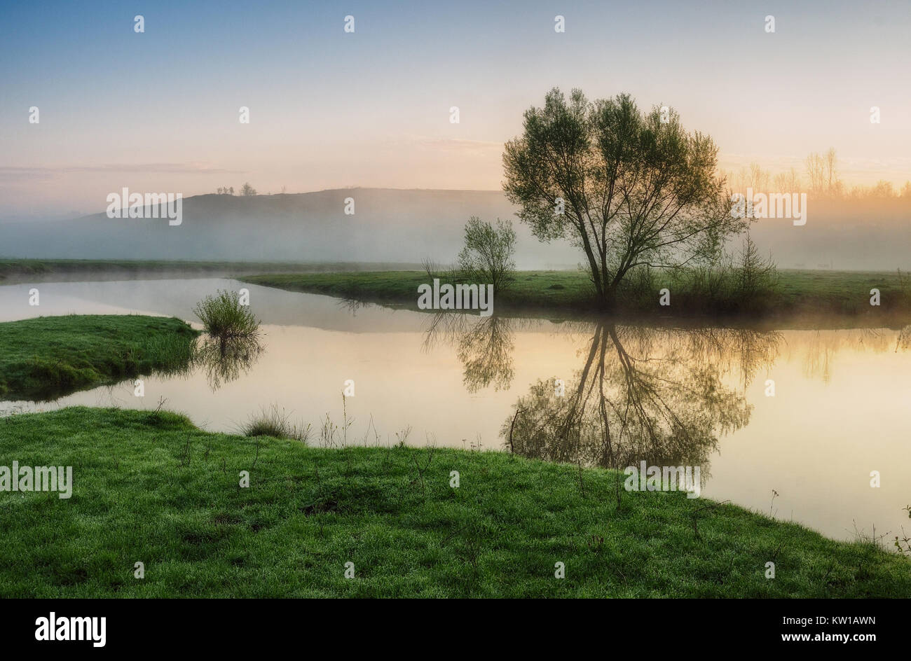 Sun rays. a picturesque foggy morning. spring dawn Stock Photo - Alamy