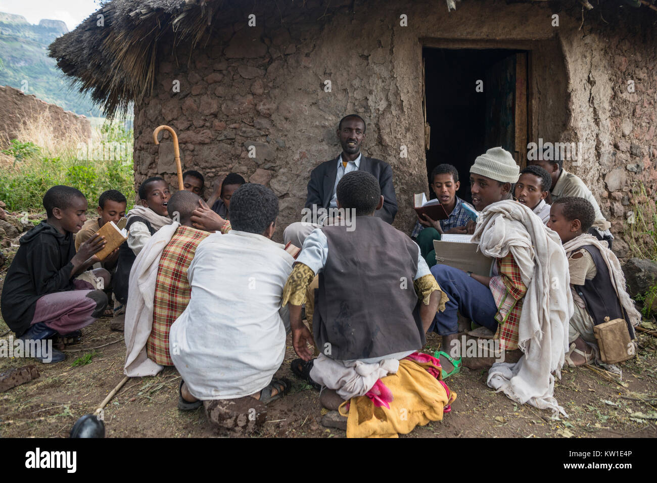 Teacher and students at open air priest school, Lalibela, Ethiopia ...