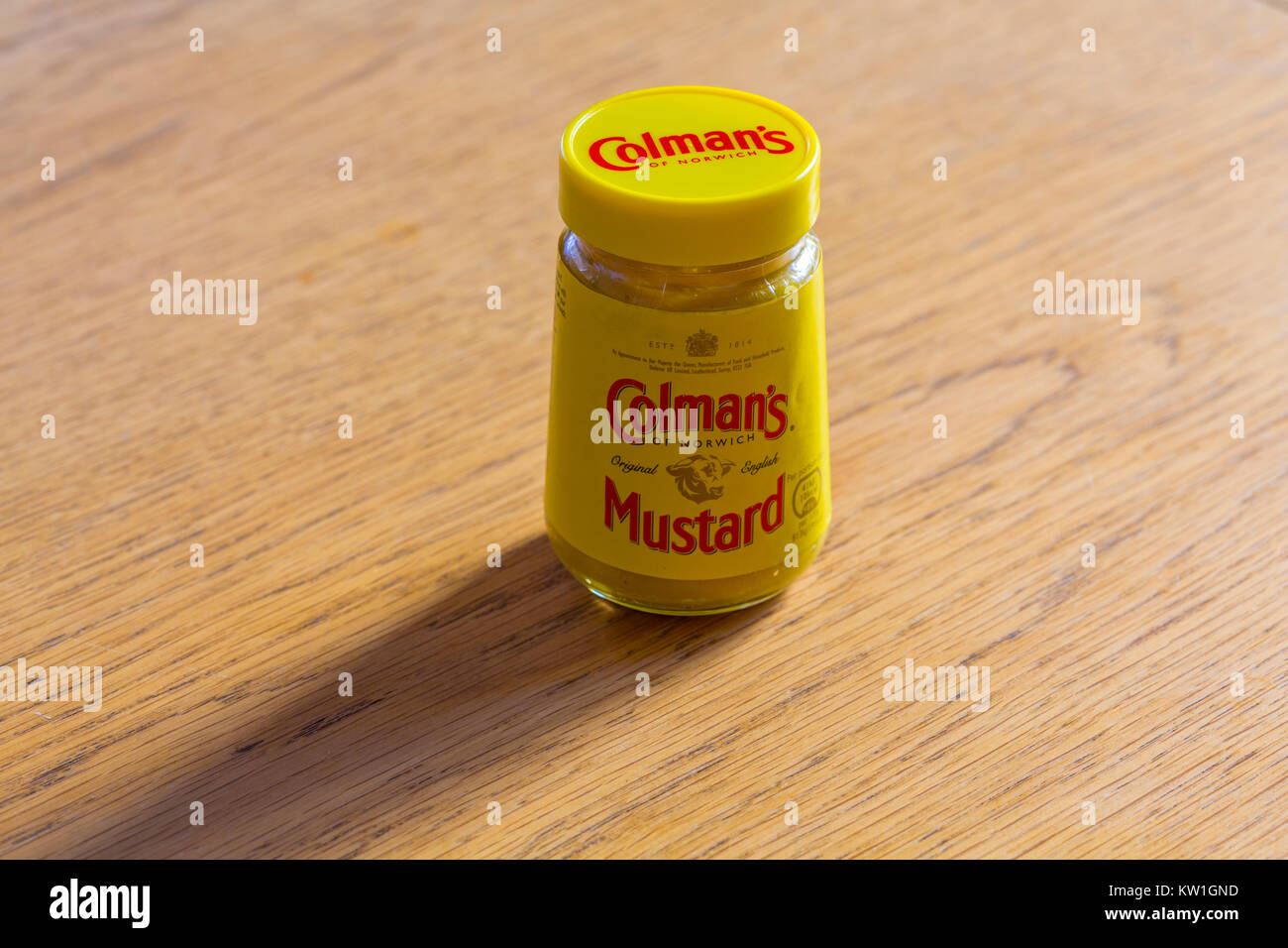 Jar of Colman's mustard made in Norwich, Norfolk Stock Photo - Alamy