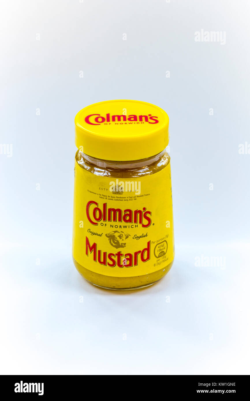 Jar of Colman's mustard made in Norwich, Norfolk Stock Photo - Alamy