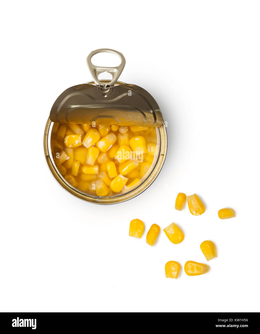 Sweet corn in a tin can over white background. Top view. With clipping ...