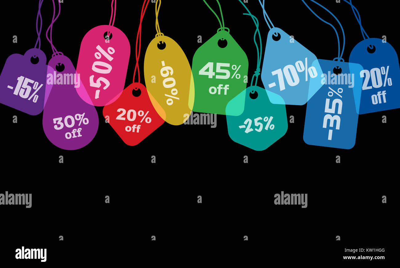 Colorful price tags or labels with various string tying on black ...