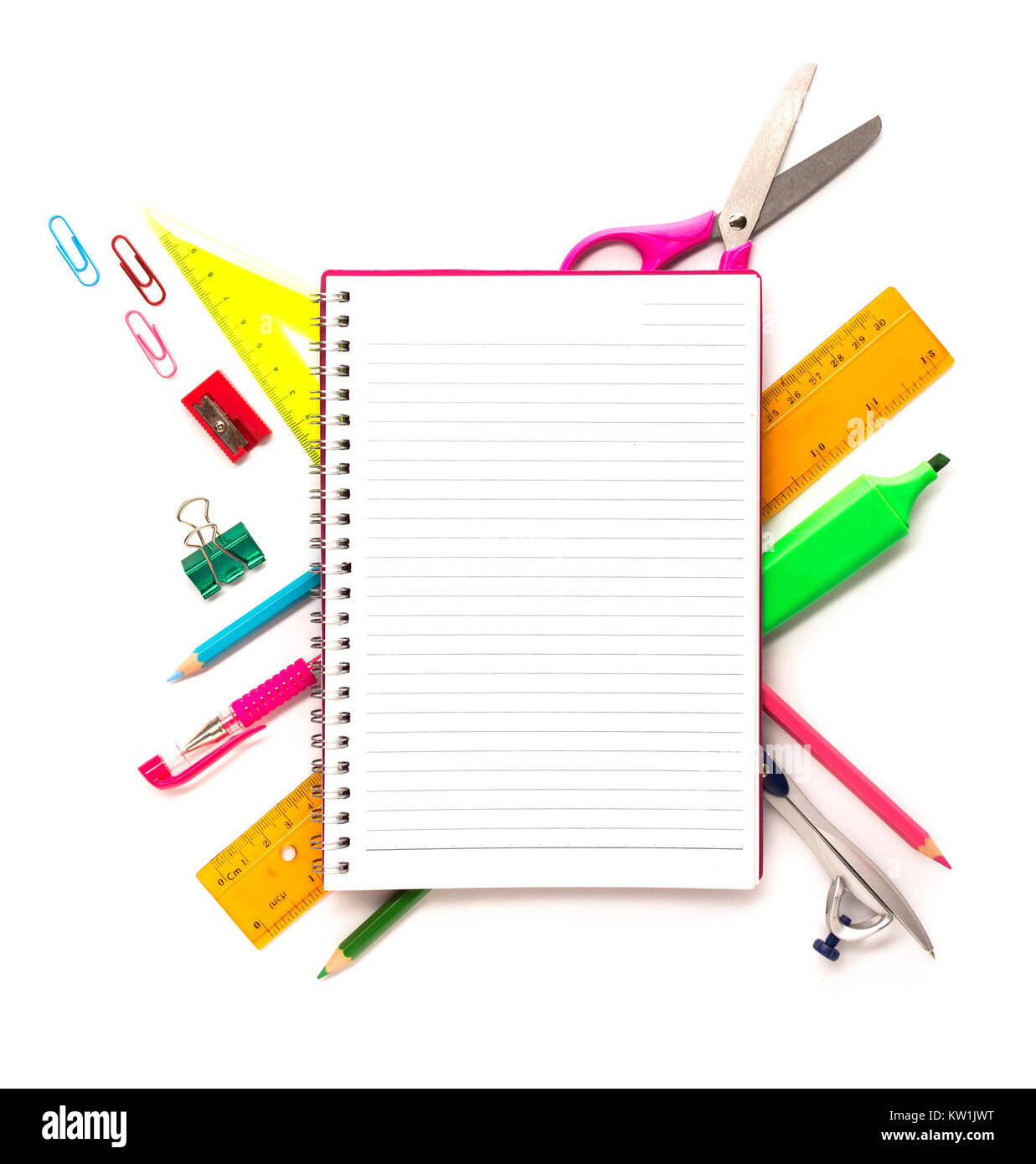 Notebook with stationary objects Stock Photo - Alamy