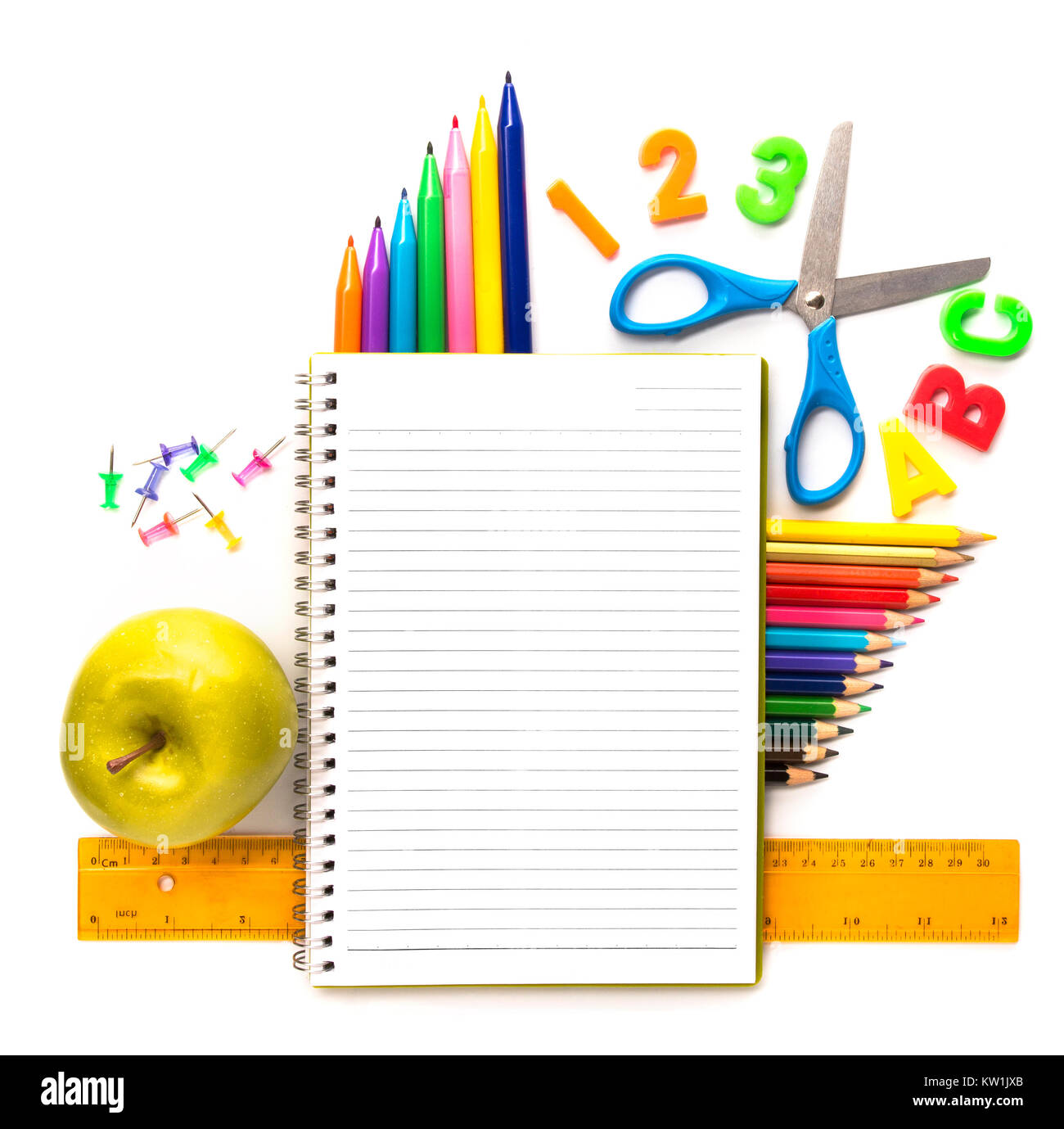 Notebook with stationary objects Stock Photo - Alamy