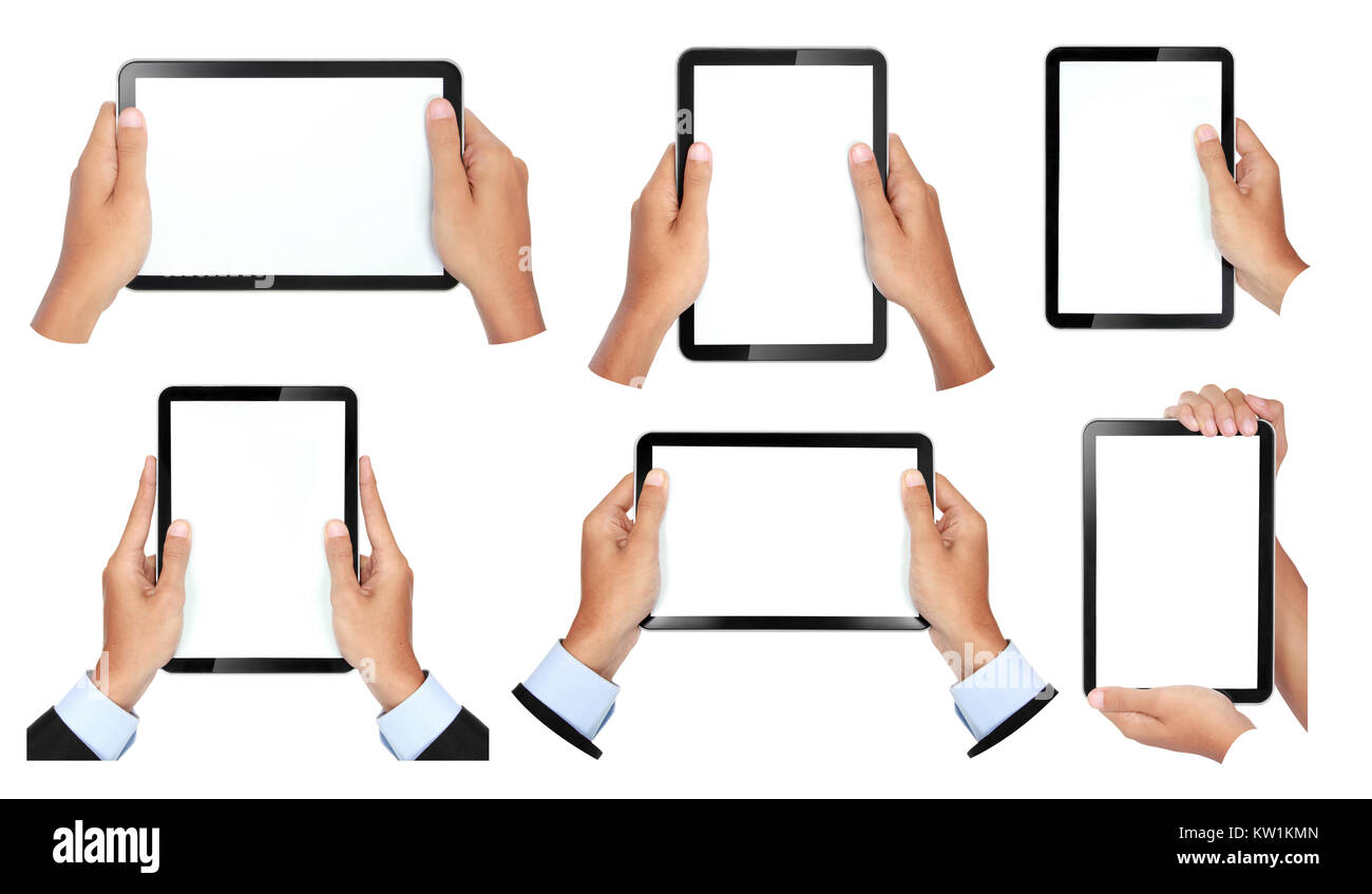 collection of hand gesture holding touch tablet Stock Photo - Alamy