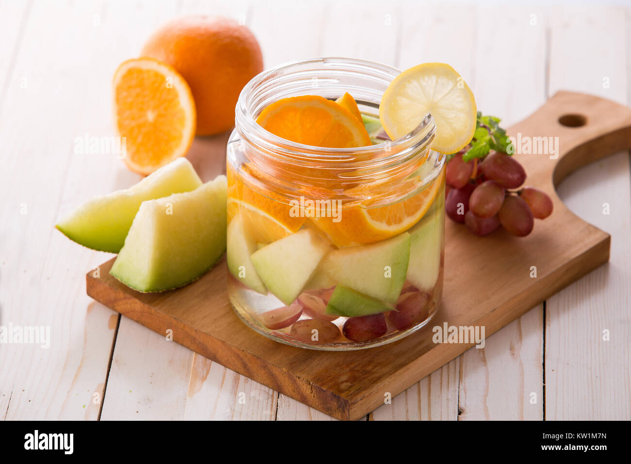 Summer fresh fruit drink. fruit Flavored water mix with orange Stock ...