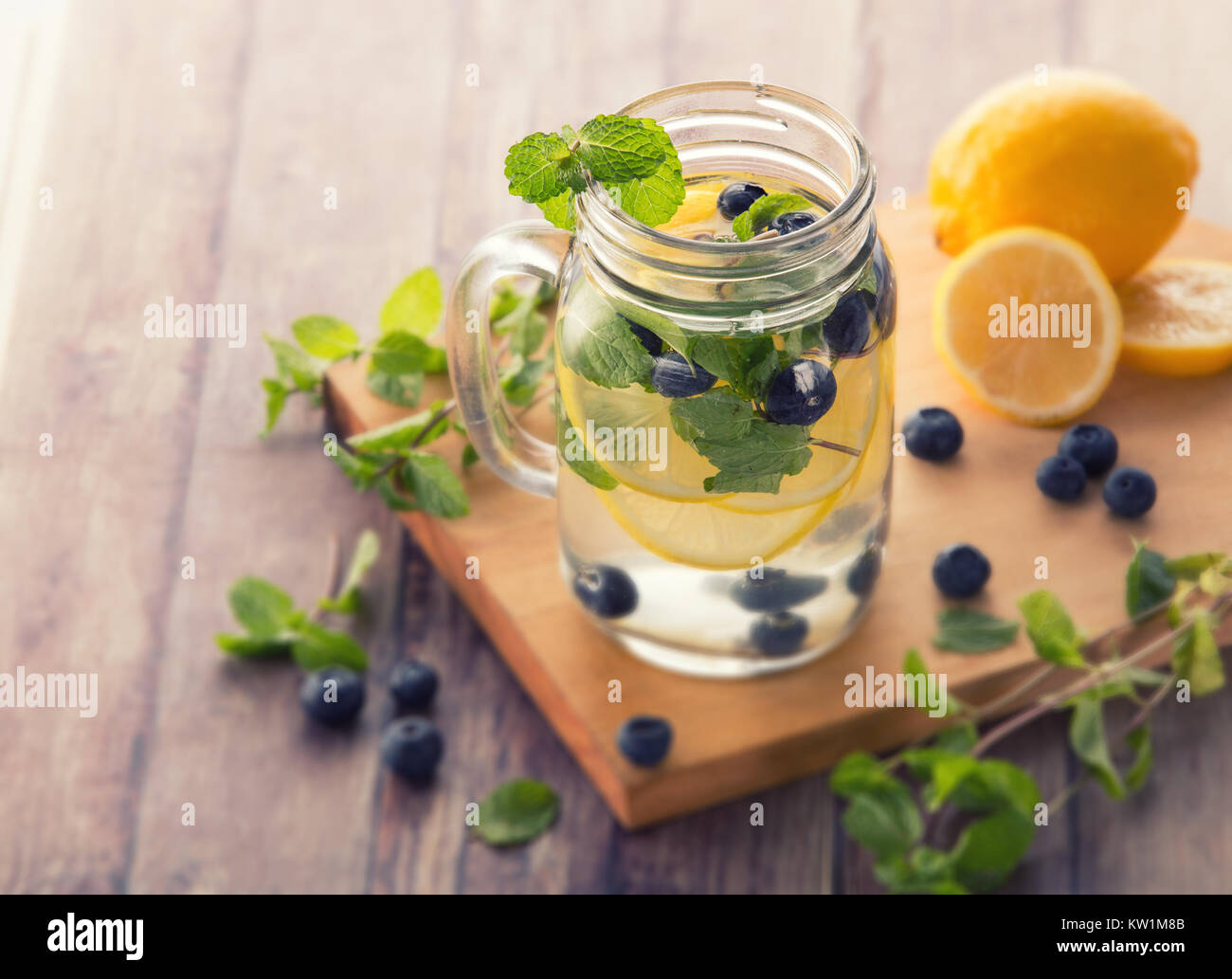 fresh fruit Flavored infused water mix of blueberry, lemon and m Stock ...
