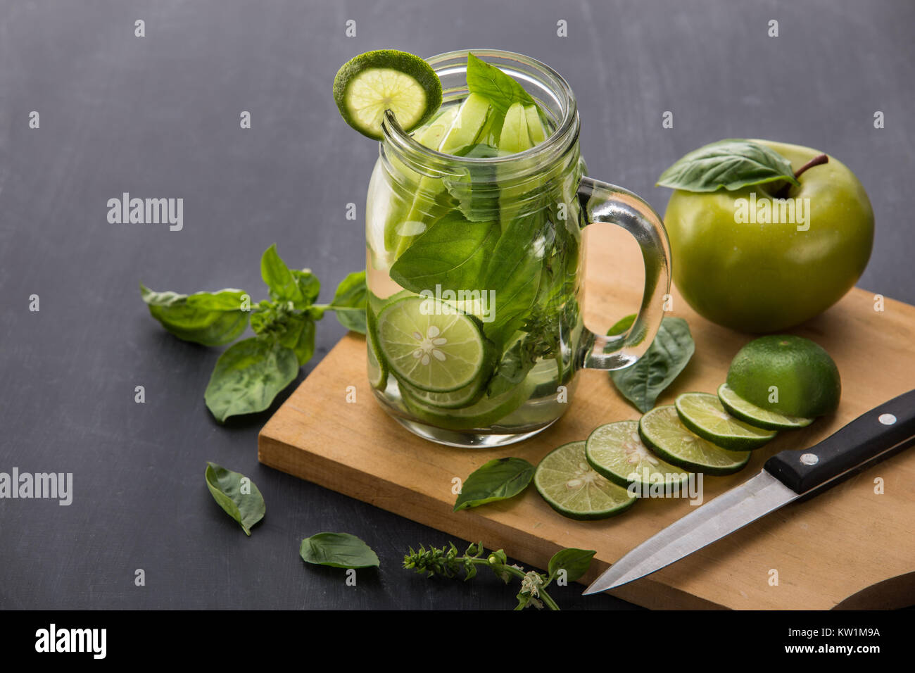 Summer fresh fruit drink. fruit Flavored water mix with lime, ap Stock ...