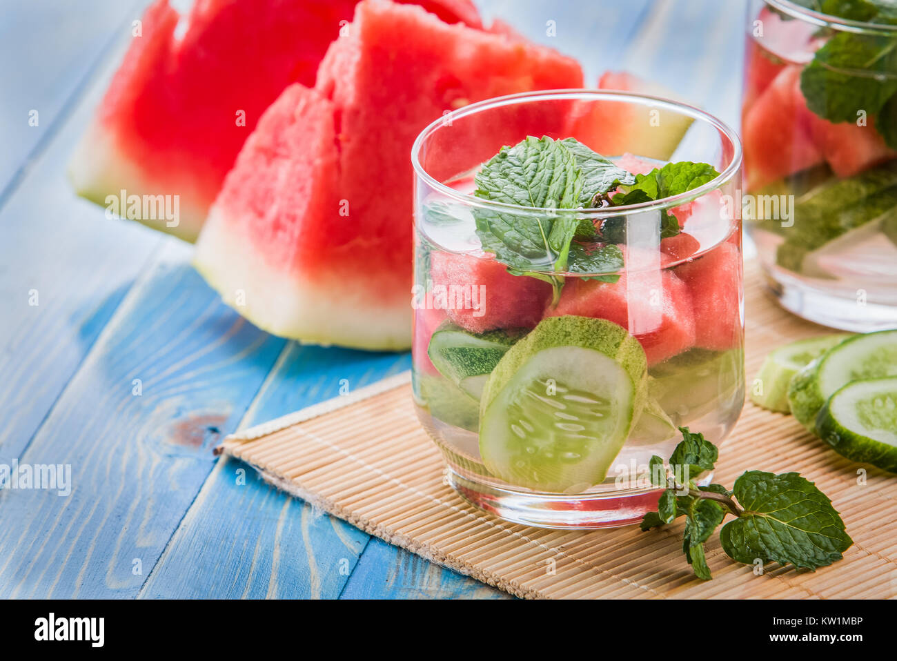 infused water mix of cucumber, watermelon, and mint leaf Stock Photo ...