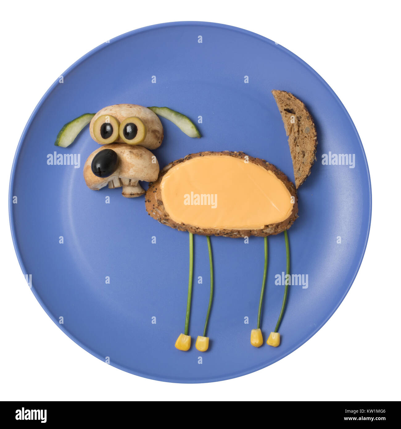 Funny sandwich dog made on blue plate Stock Photo - Alamy