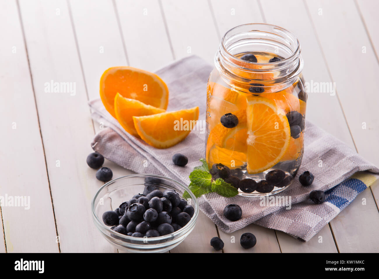 fresh fruit Flavored infused water mix of orange, blueberry and Stock ...