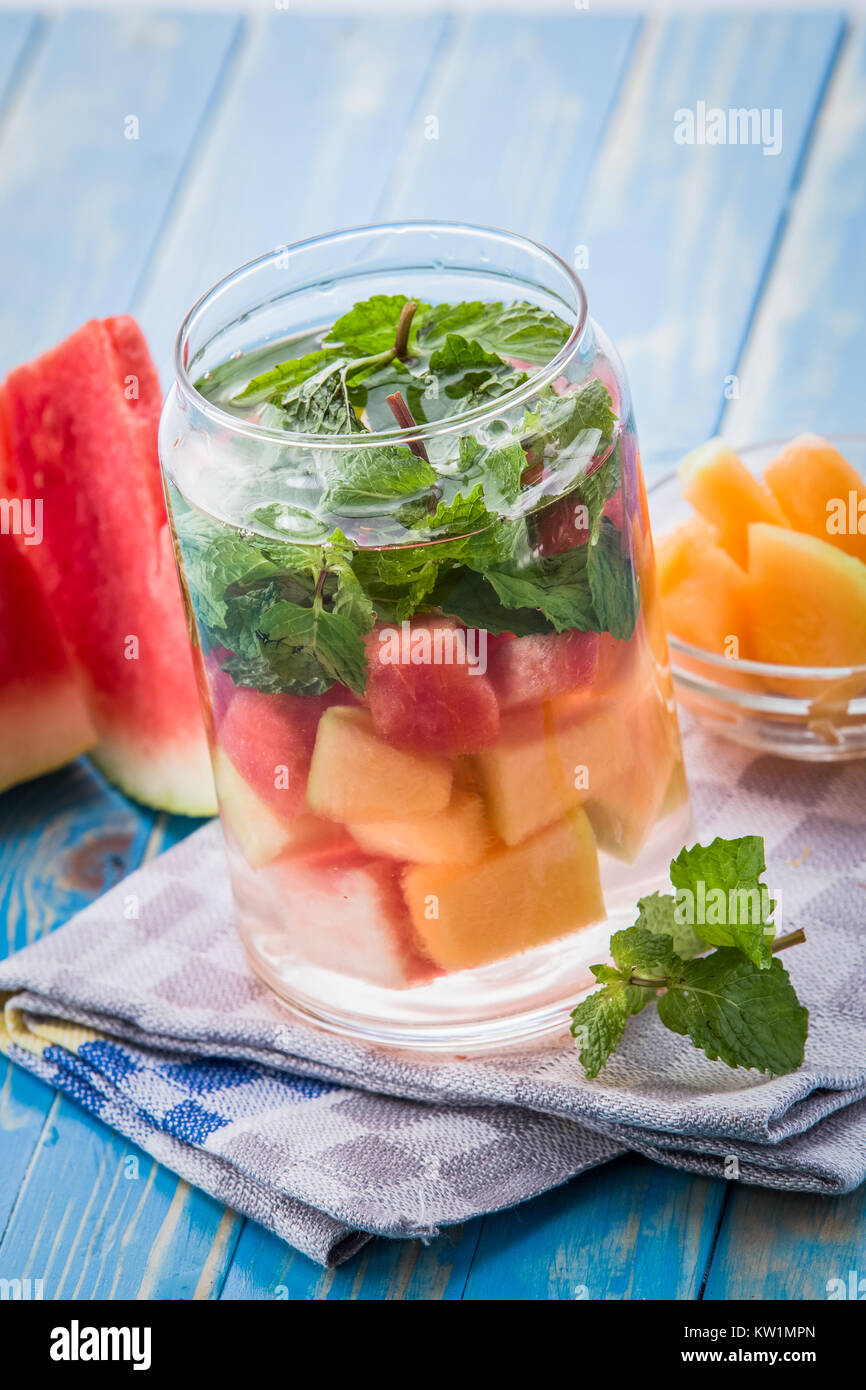 infused water mix of melon, watermelon and mint leaf Stock Photo - Alamy