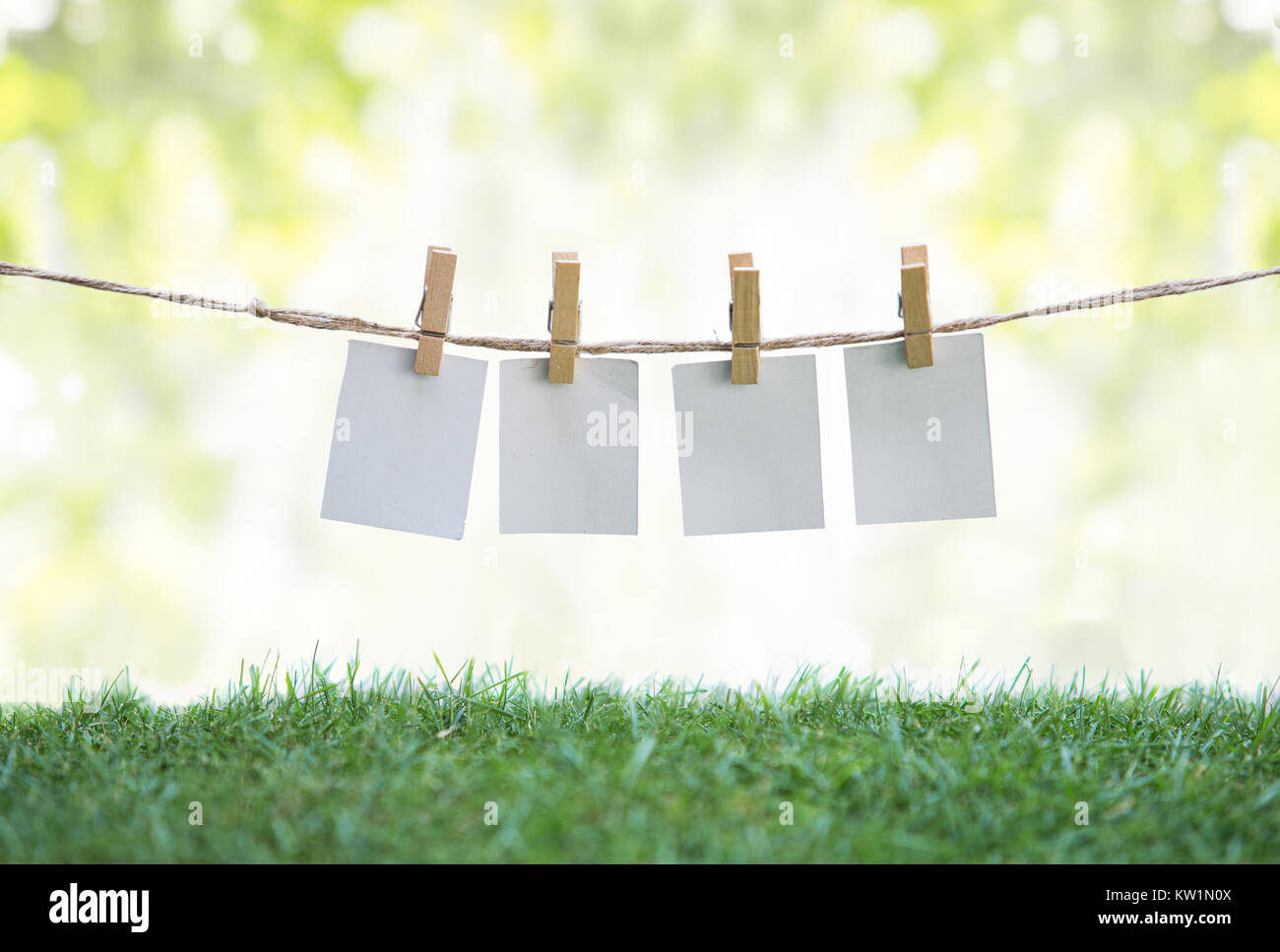 Hanging blank paper on clothesline in field Stock Photo - Alamy