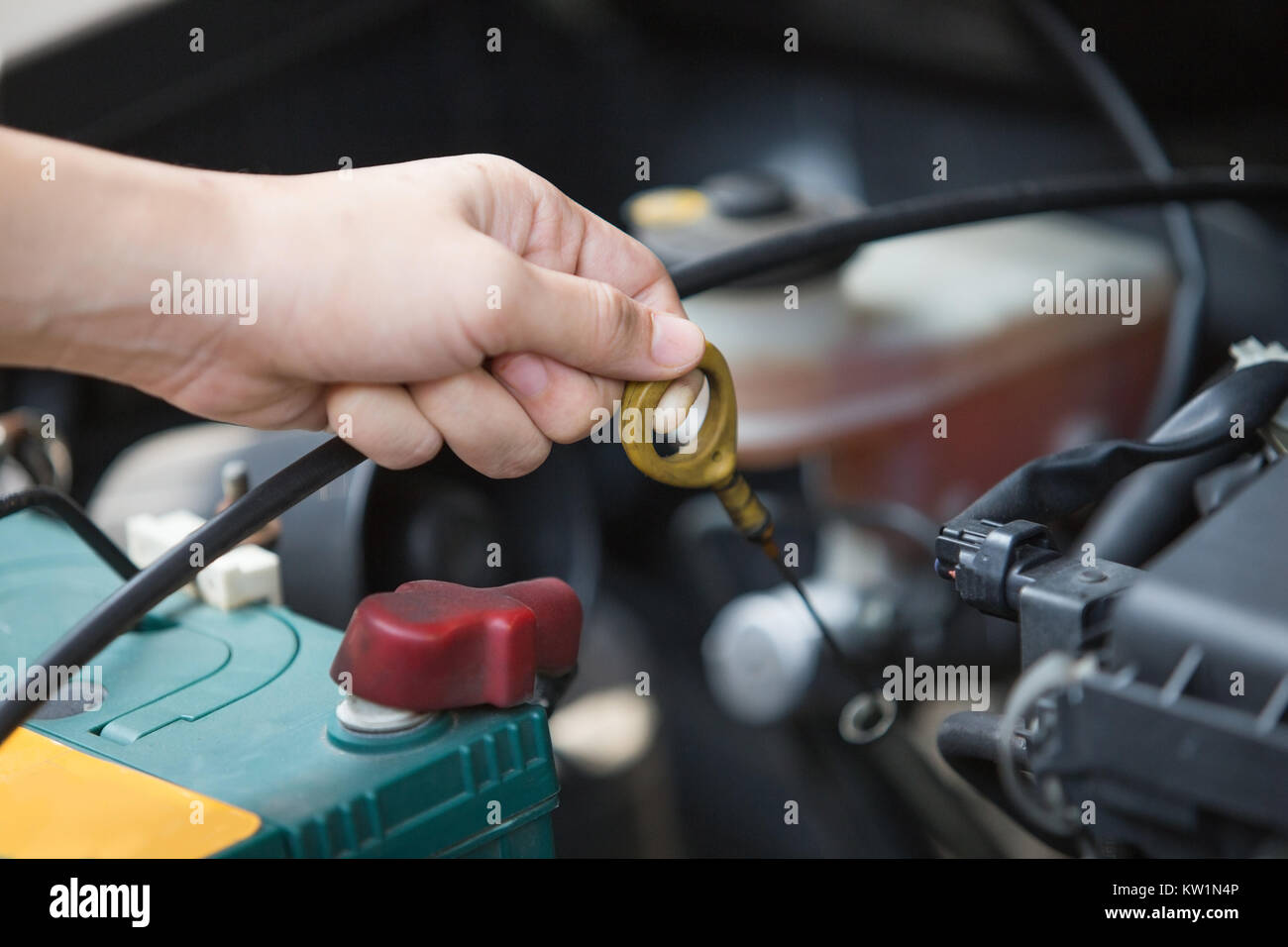 Checking for engine oil on a car, machine related Stock Photo - Alamy