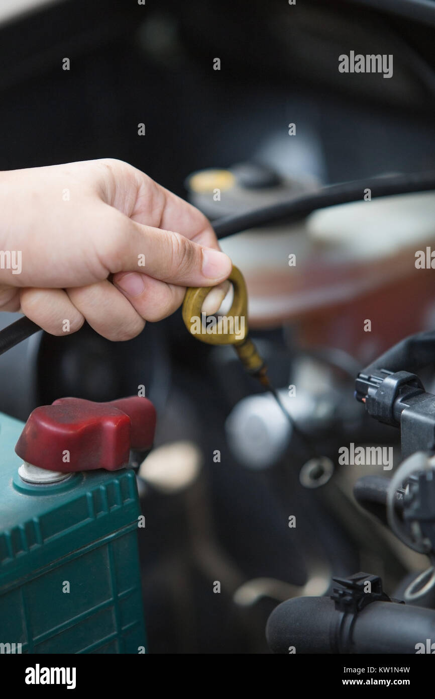 Checking for engine oil on a car, machine related Stock Photo - Alamy