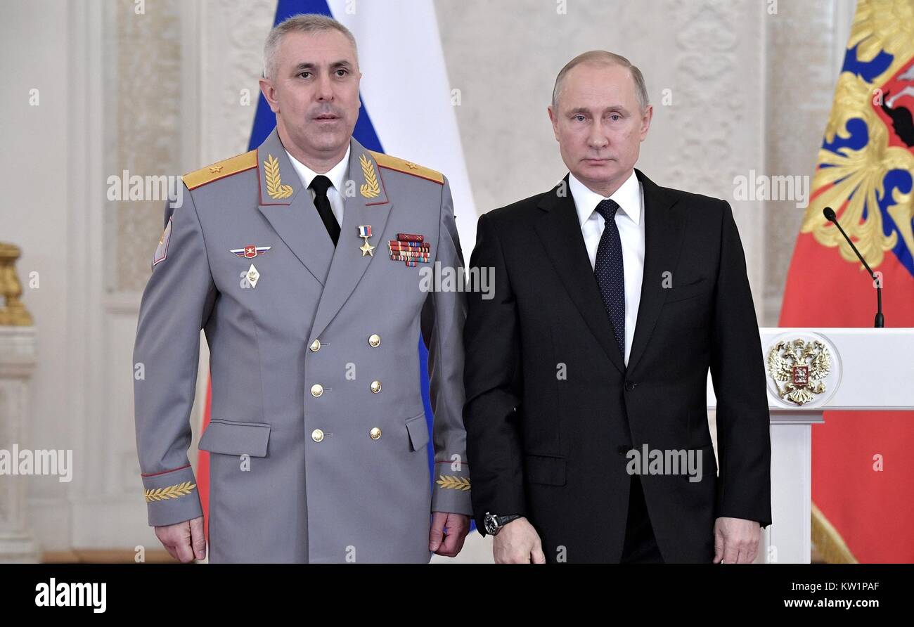 Moscow, Russia. 28th Dec, 2017. Russian President Vladimir Putin stands ...